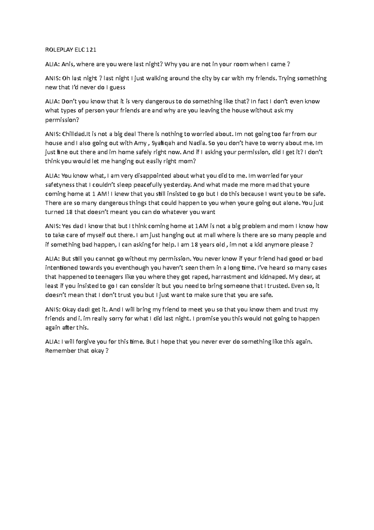 Roleplay ELC 121 SCRIPT FOR ROLEPLAY - ROLEPLAY ELC 121 ALIA: Anis ...