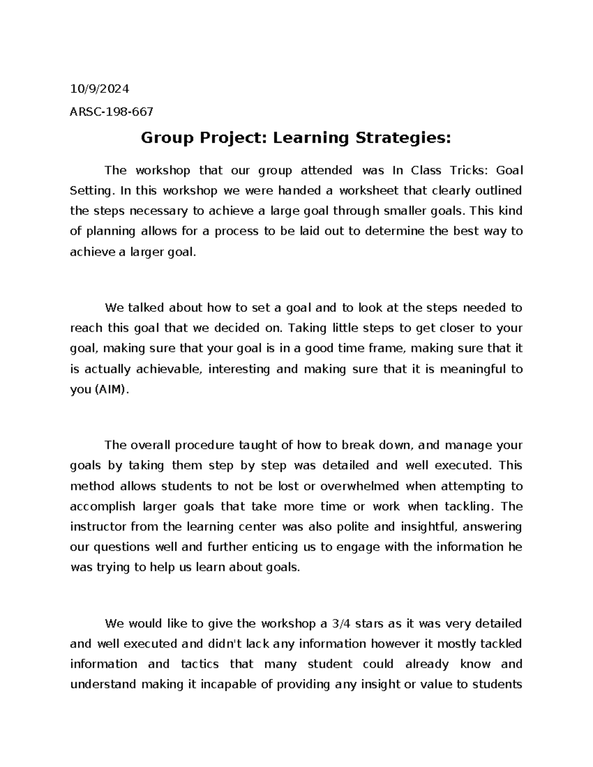 Group Project - Learning Strategies - 10/9/ ARSC-198- Group Project ...