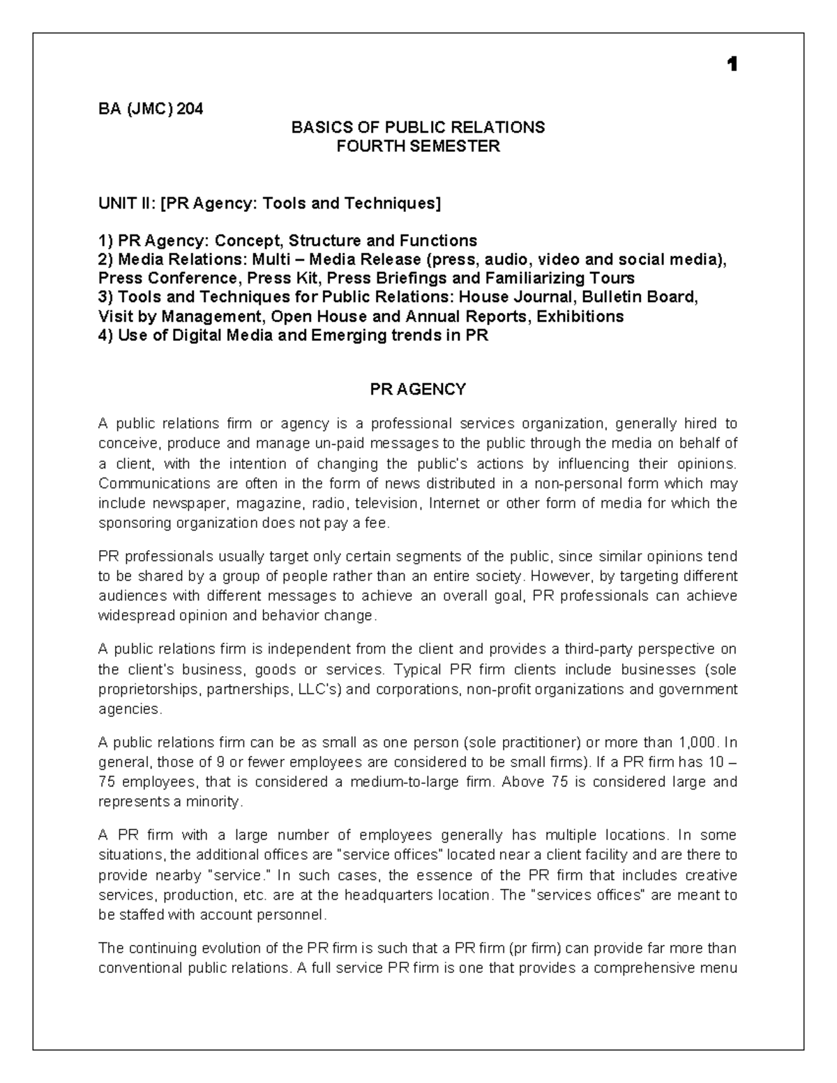 PR Notes - Unit II - BA (JMC) 204 BASICS OF PUBLIC RELATIONS FOURTH ...