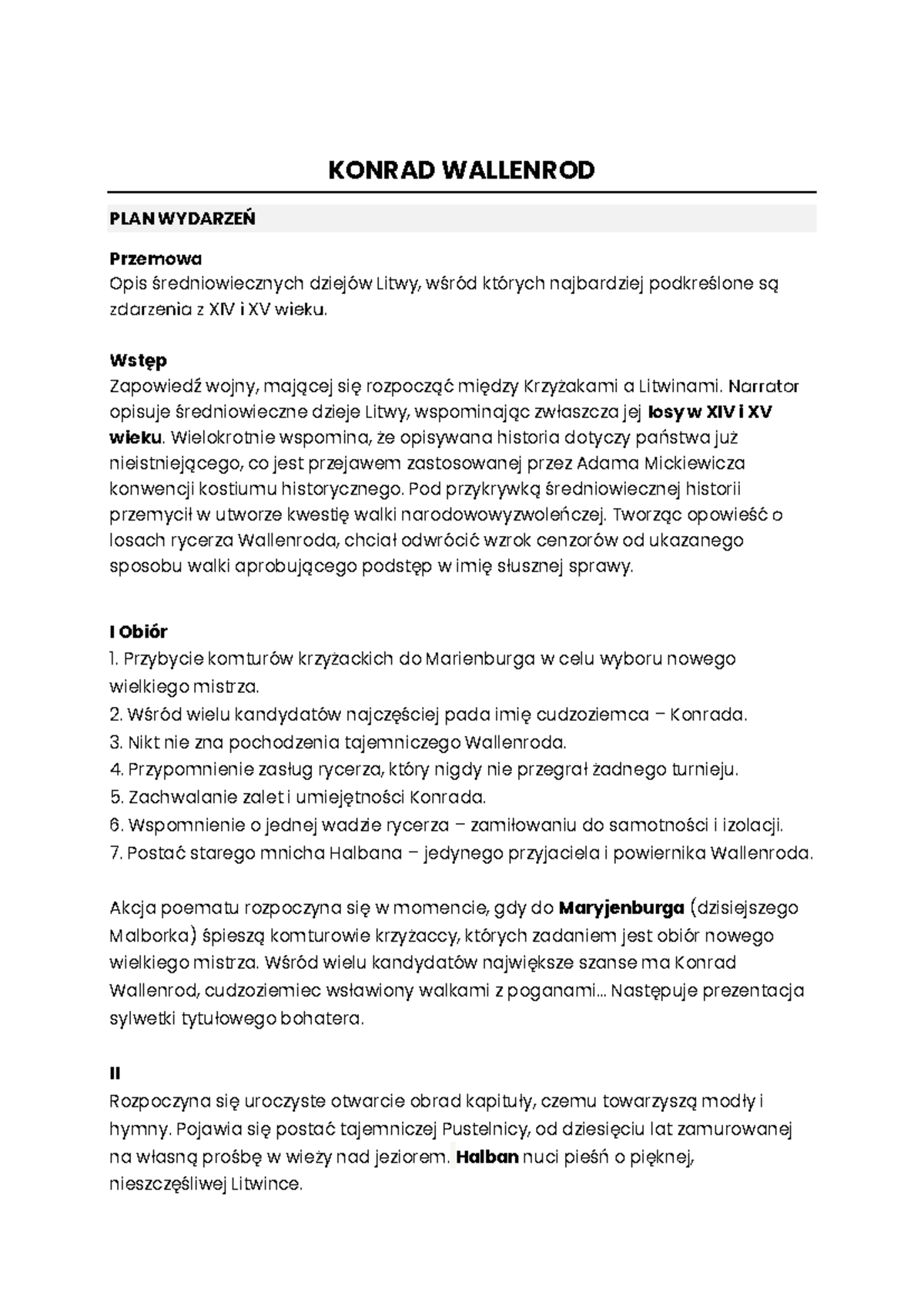 Konrad Wallenrod - KONRAD WALLENROD PLAN WYDARZEŃ Przemowa Opis ...