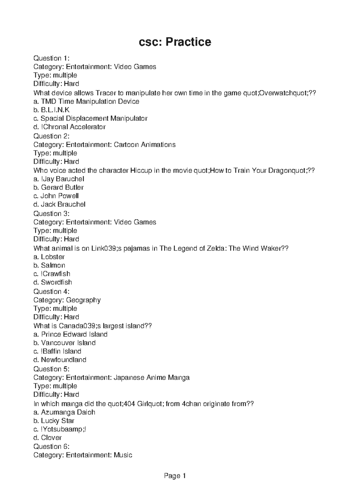 Csc Final 6 - csc: Practice Question 1: Category: Entertainment: Video ...