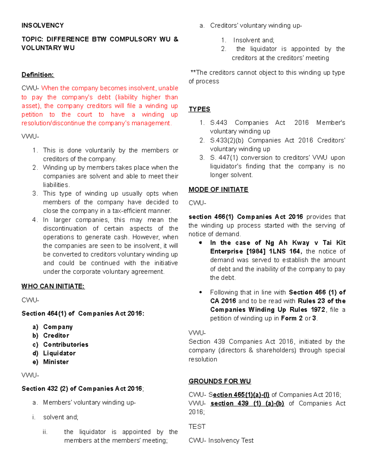 Winding UP - notes - INSOLVENCY TOPIC: DIFFERENCE BTW COMPULSORY WU ...