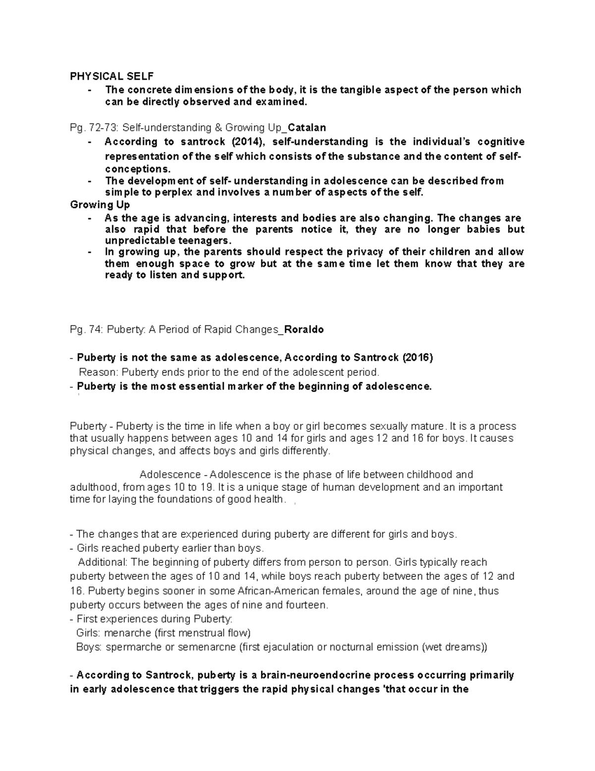 Physical Self Notes - Understanding the Self - Studocu