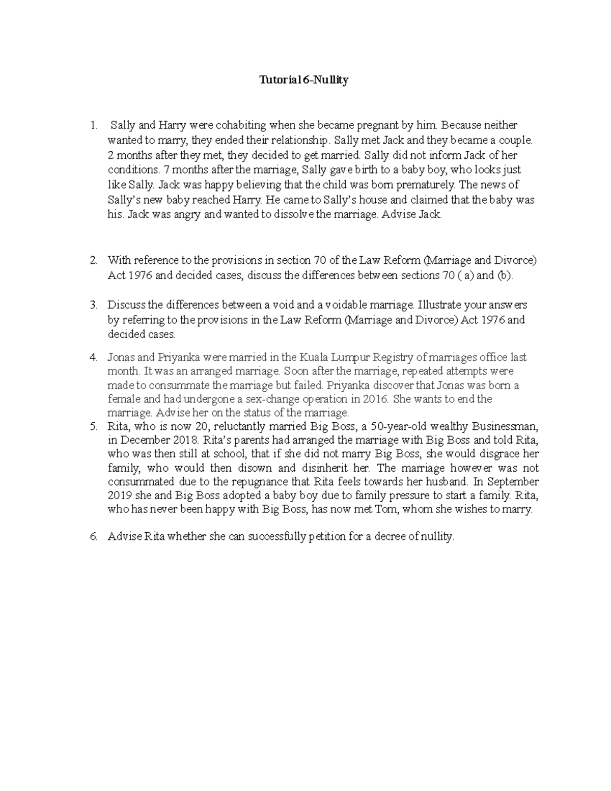 303767 Tutorial 6-Nullity - Family Law - UTM - Studocu