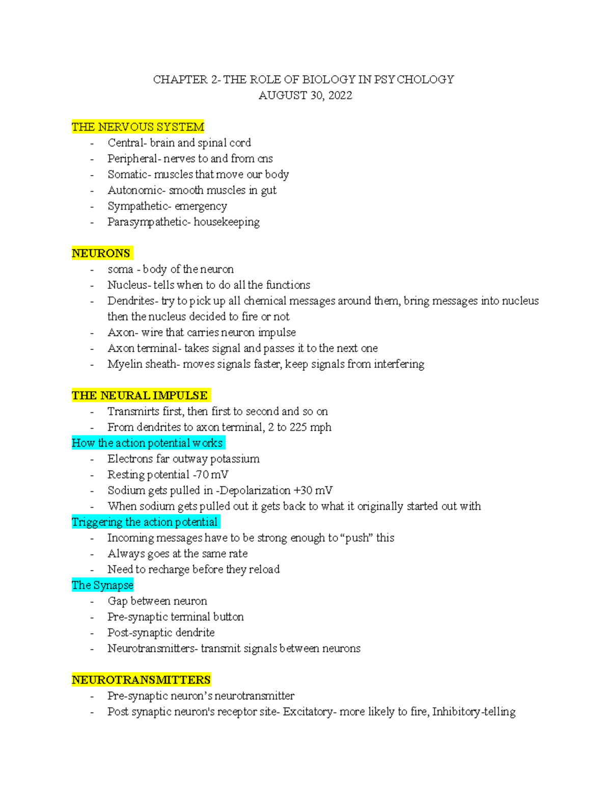 PSY Chapter 2 - CHAPTER 2- THE ROLE OF BIOLOGY IN PSYCHOLOGY AUGUST 30 ...