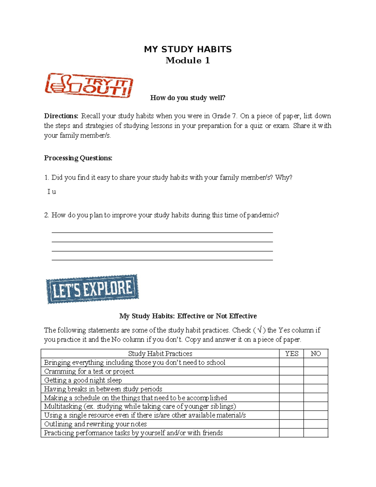 My Study Habits Module 1 - MY STUDY HABITS Module 1 How do you study ...