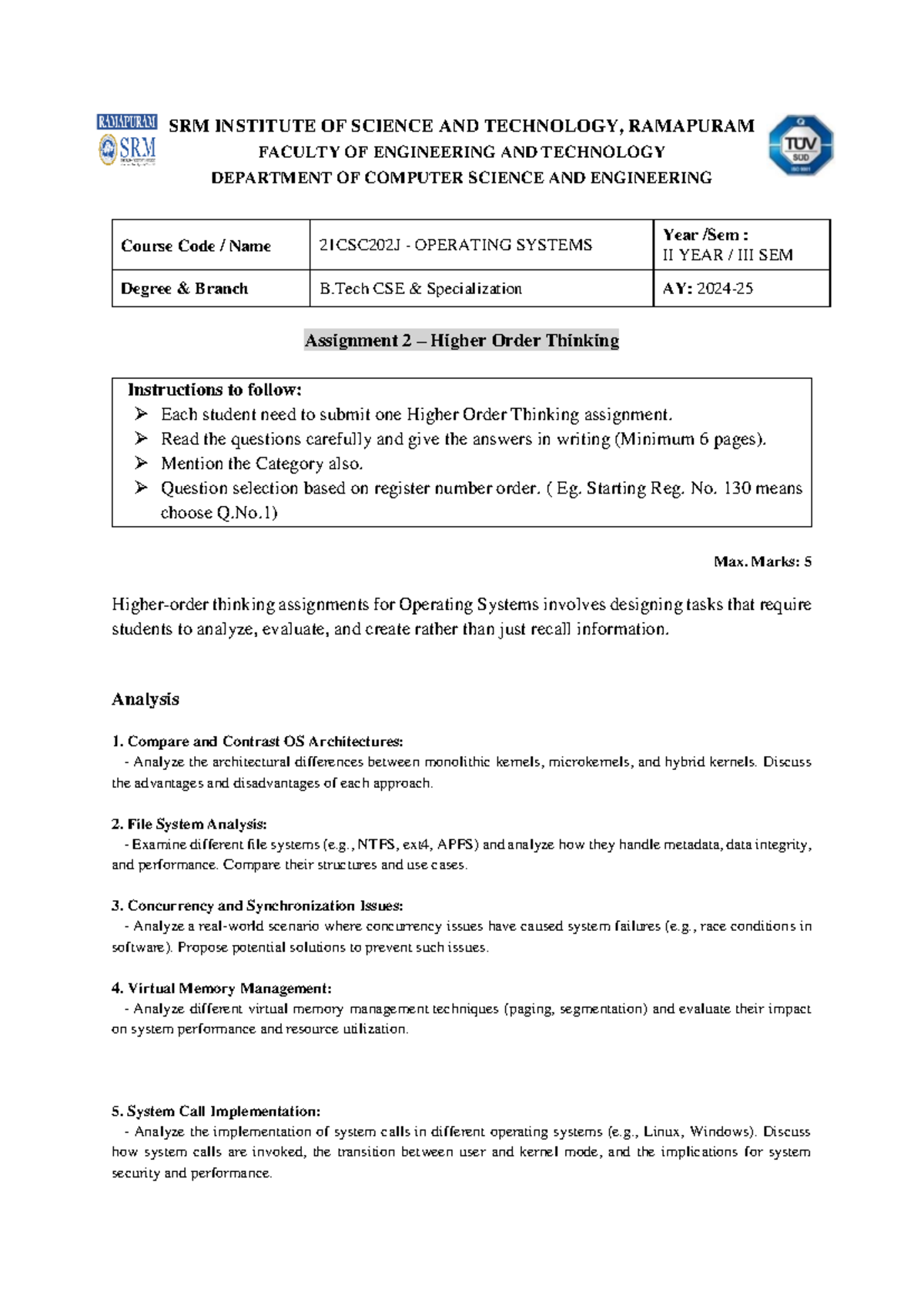 Assignment 2 Hot Srm Institute Of Science And Technology Ramapuram Faculty Of Engineering