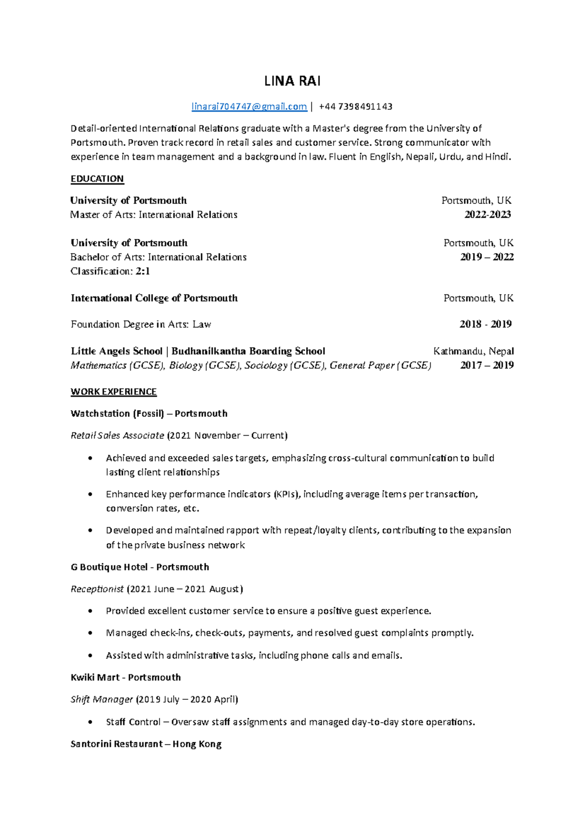 Lina CV - bjnjbk - LINA RAI linarai704747@gmail | +44 7398491143 Detail ...