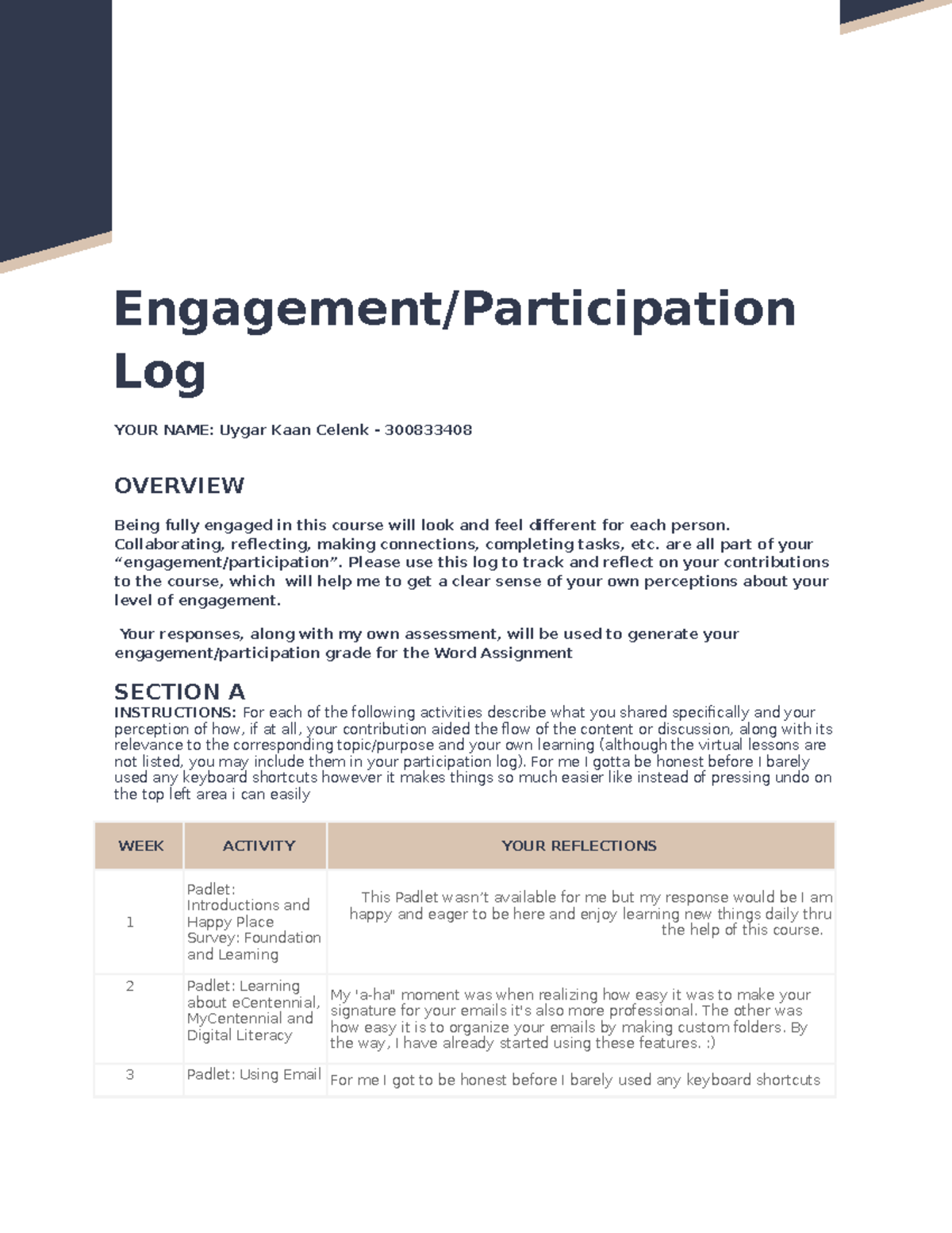 My Engagement and Participation Log for Word Assignment 1 - Engagement ...