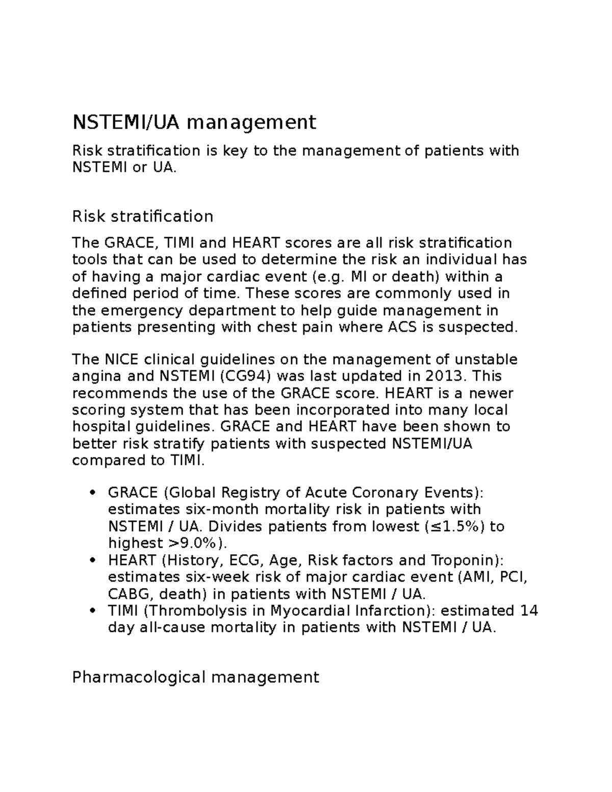 Nstemi in ACS - Lecture notes 1 - NSTEMI/UA management Risk ...