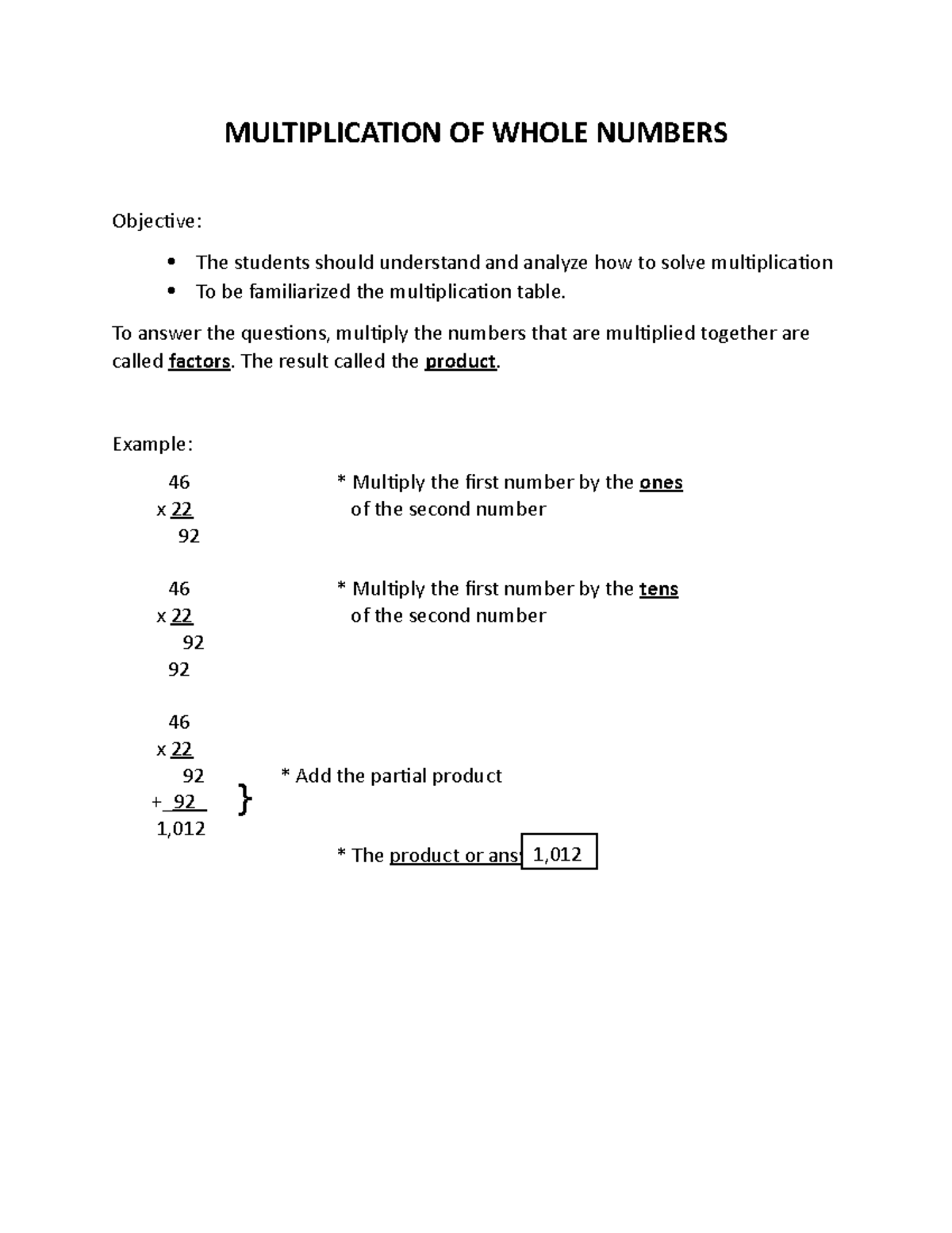 Multiplication OF Whole Numbers - MULTIPLICATION OF WHOLE NUMBERS ...
