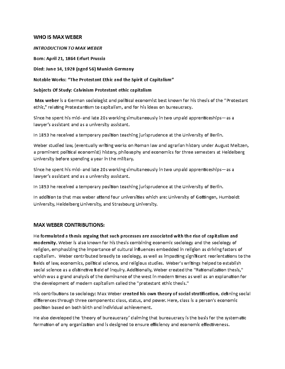MAX Weber - research - WHO IS MAX WEBER INTRODUCTION TO MAX WEBER Born ...