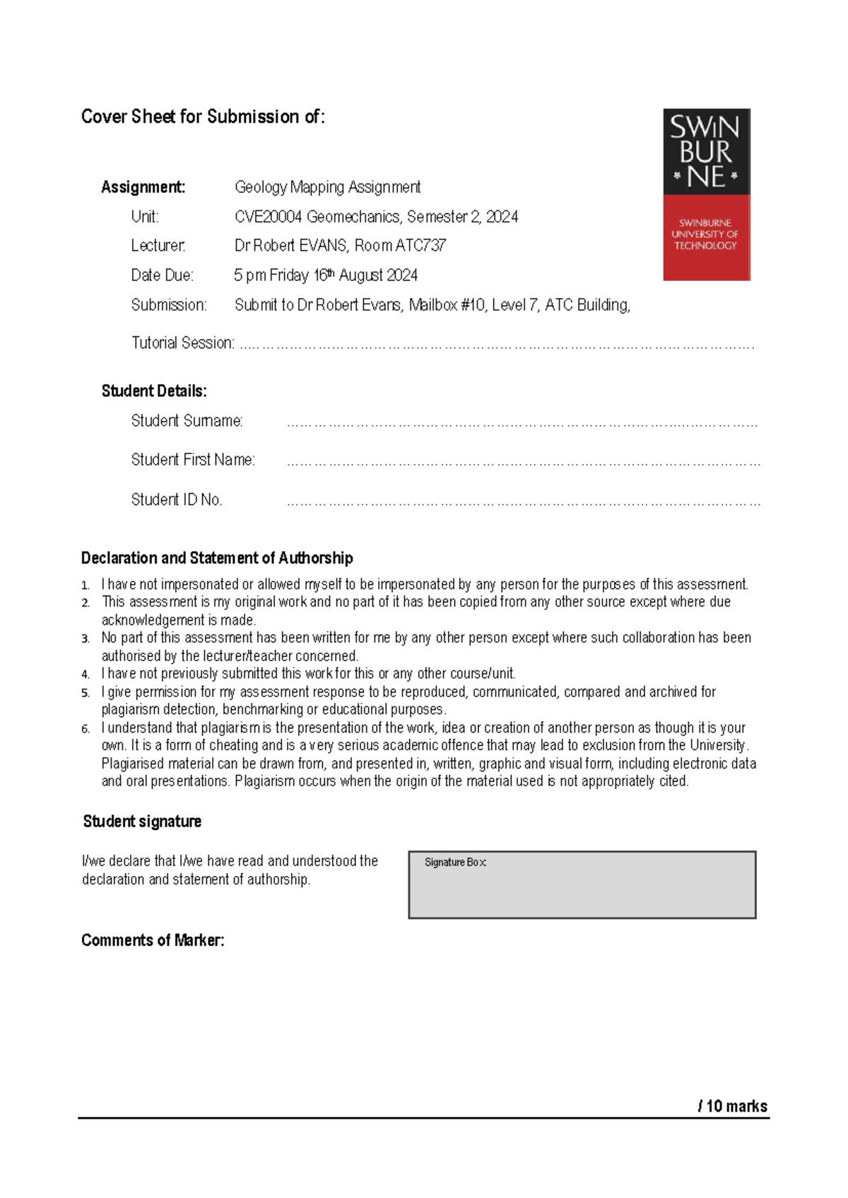 CVE2000 4 - 01 - Geology Map Assign - Cover Sheet - 2024 - S2 - Cover ...