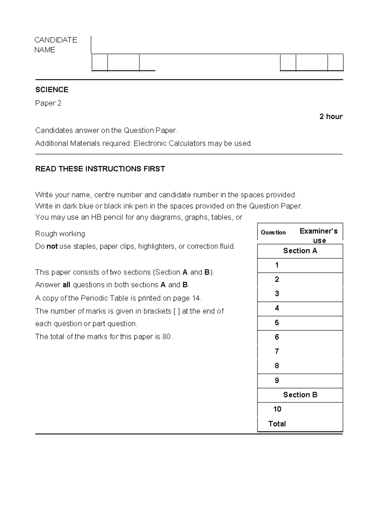 JC Science mock Paper 2 - STUDY HARD - CANDIDATE NAME SCIENCE Paper 2 2 ...