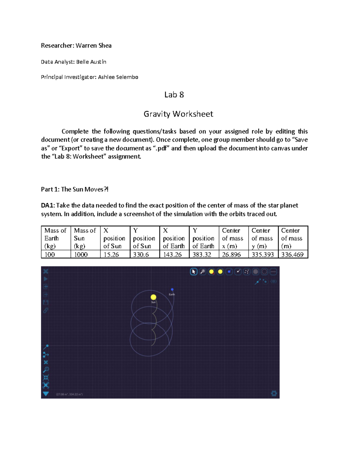 PHY 211 lab 8 - lab 8 - Researcher: Warren Shea Data Analyst: Belle ...