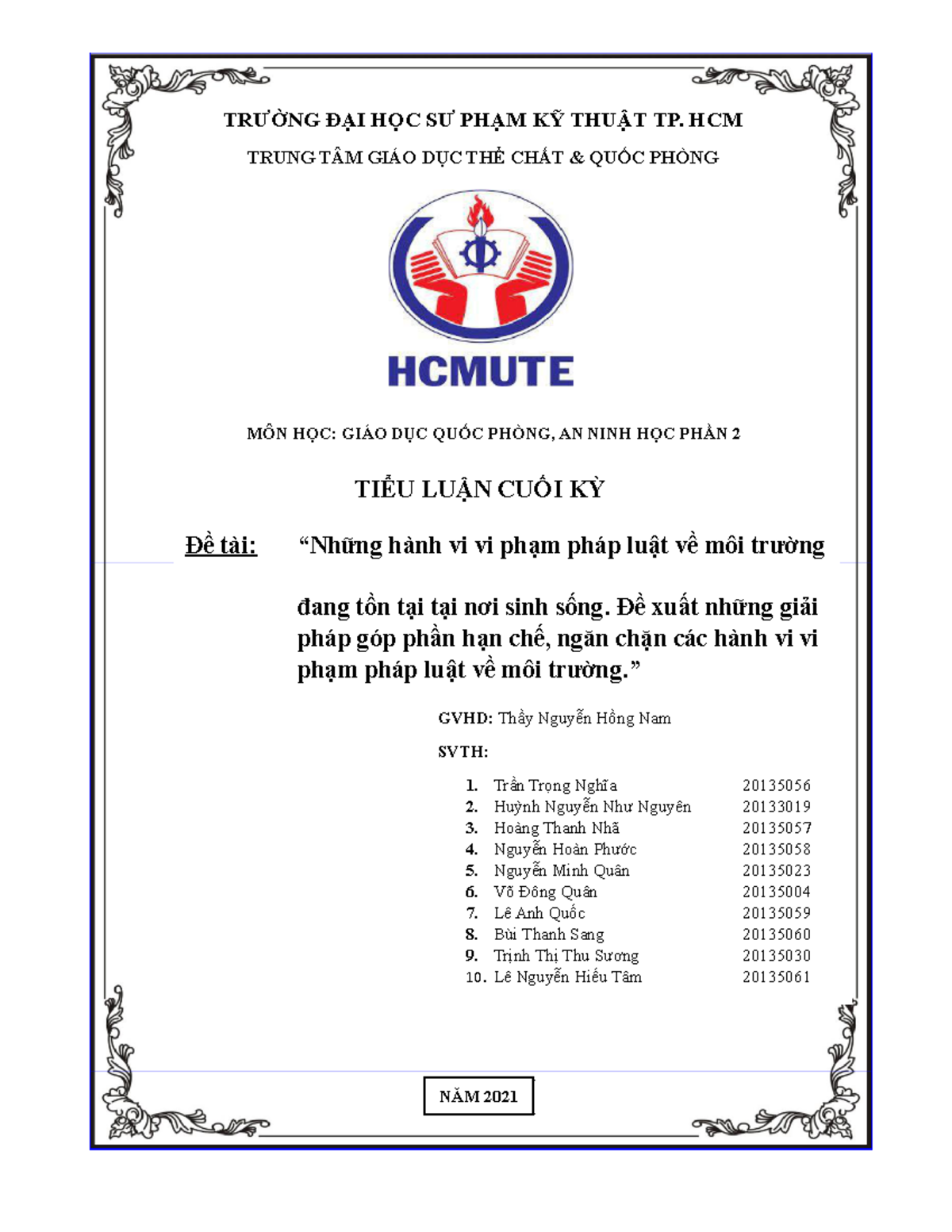 BÌA-TIỂU-LUẬN - uyu - GVHD: Thầy Nguyễn Hồng Nam SVTH: 1. Trần Trọng ...