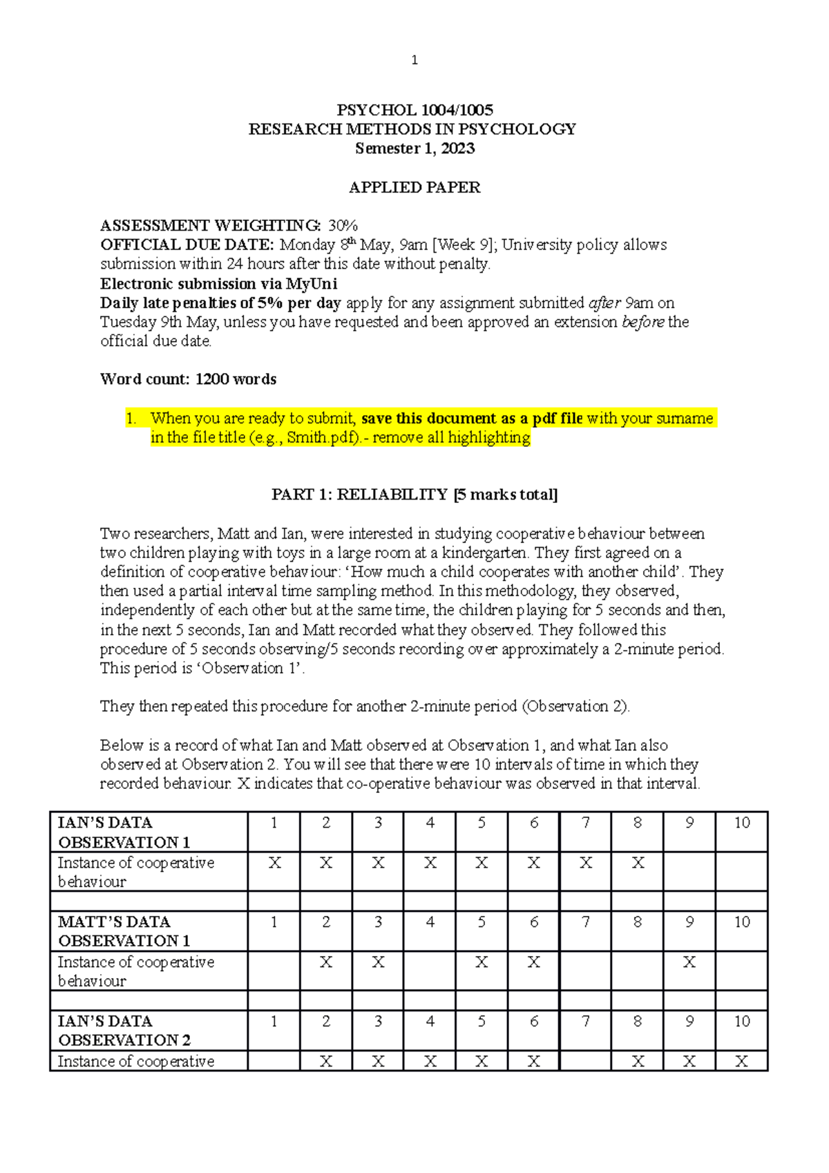 RM2023 applied paper - PSYCHOL 1004/ RESEARCH METHODS IN PSYCHOLOGY ...