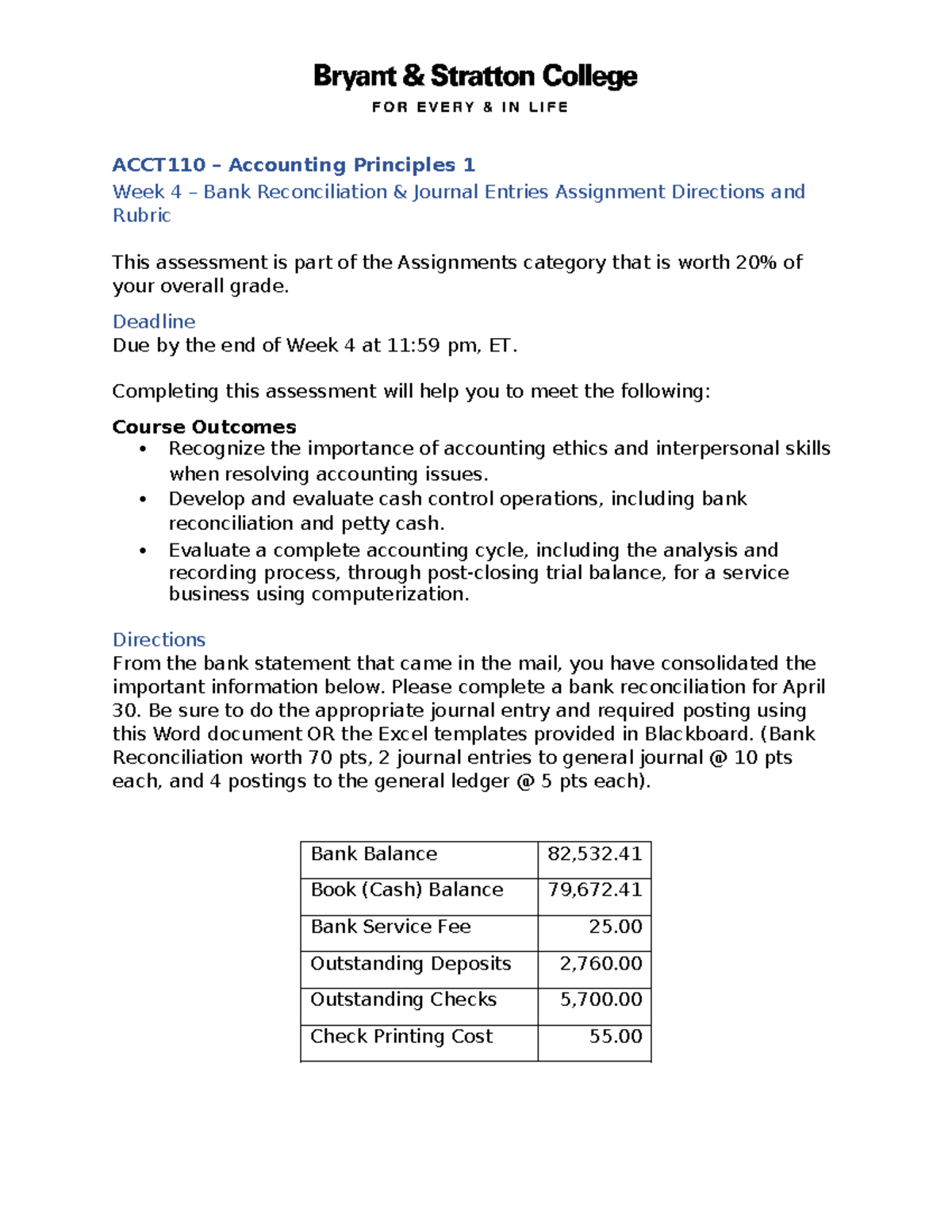 ACCT110 - W4 - Bank Reconciliation Assignment - ACCT110 – Accounting ...