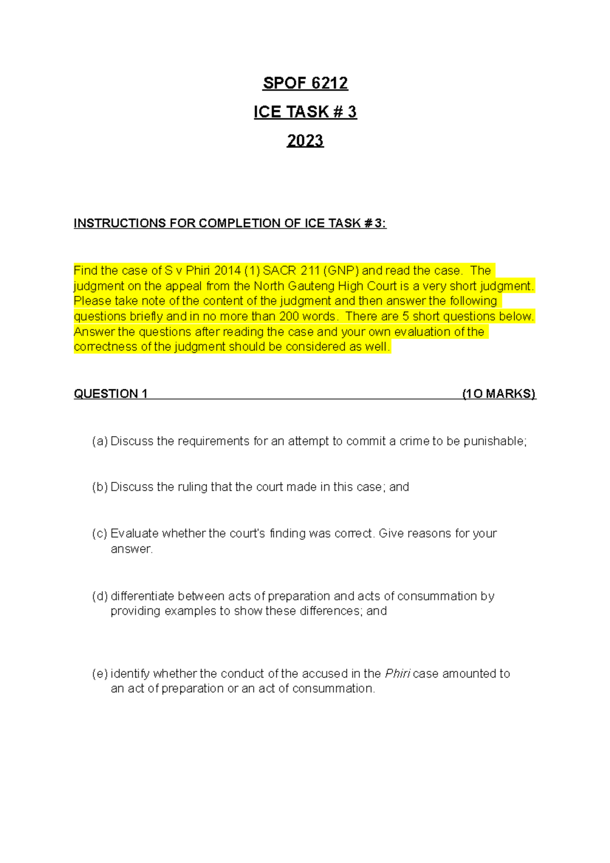 SPOF 6212 ICE TASK # 3 - 2023 - SPOF 6212 ICE TASK # 3 2023 INSTRUCTIONS FOR COMPLETION OF ICE ...