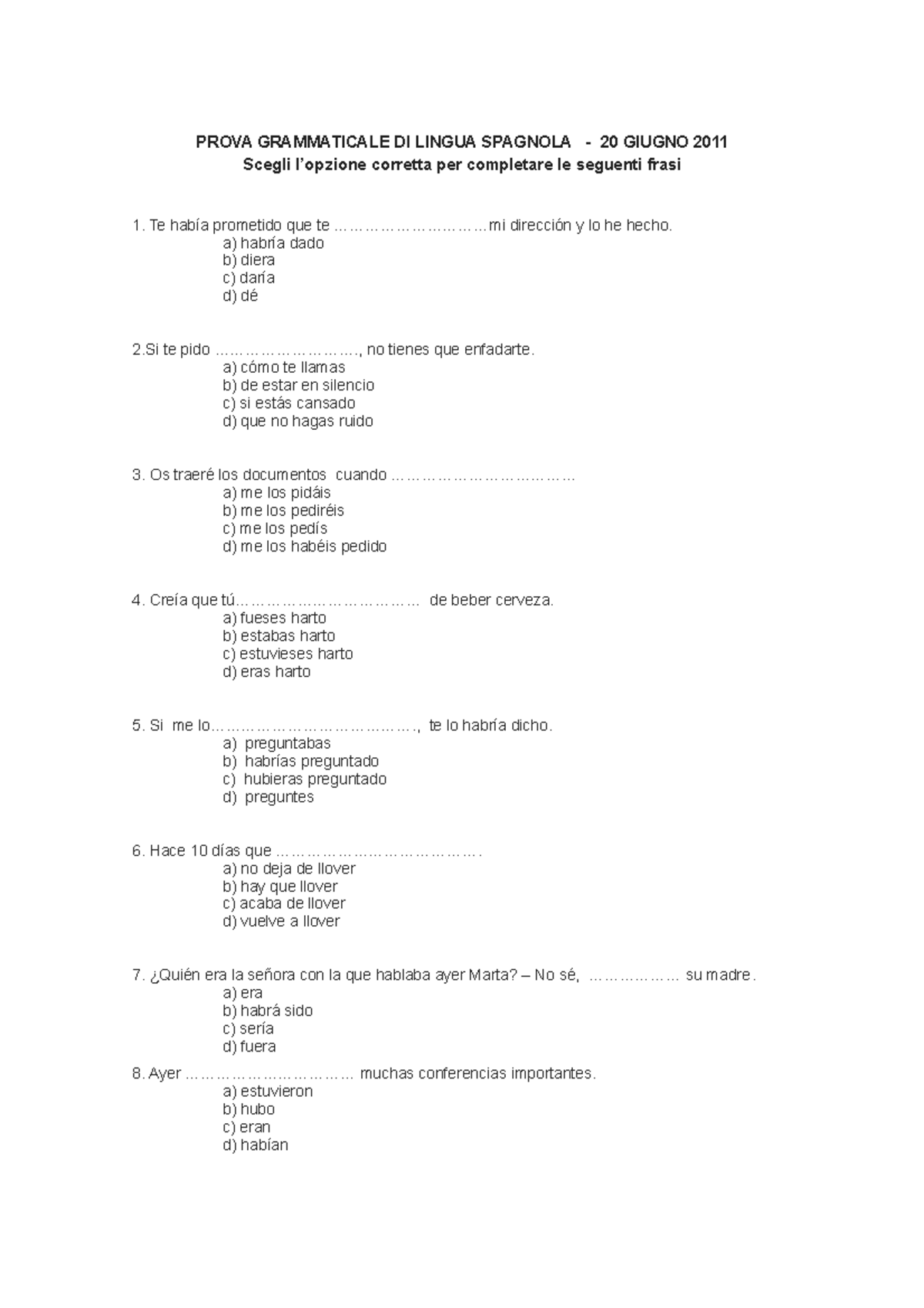 Modelo Prueba Gramatica B2 - PROVA GRAMMATICALE DI LINGUA SPAGNOLA - 20 ...