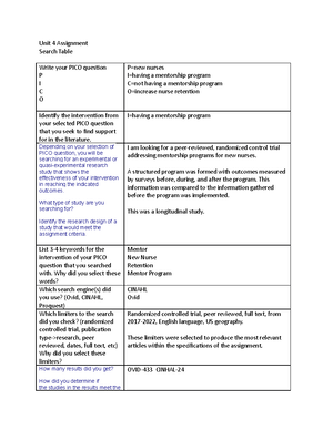 Search table-PICO Question - Unit 4 Assignment Search Table Write your PICO question P I C O P ...