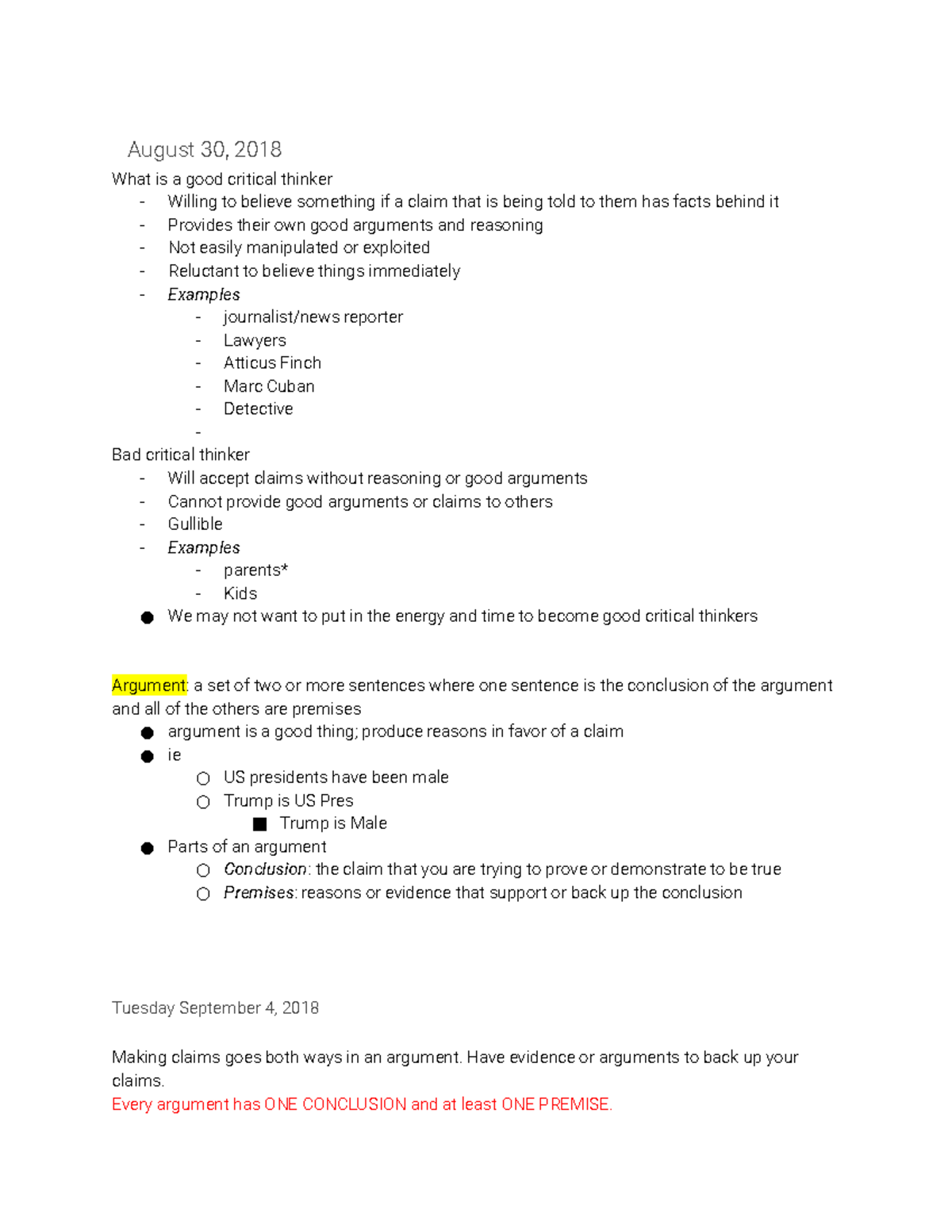 Phil 105 Class Notes August 30 2018 What Is A Good Critical Thinker