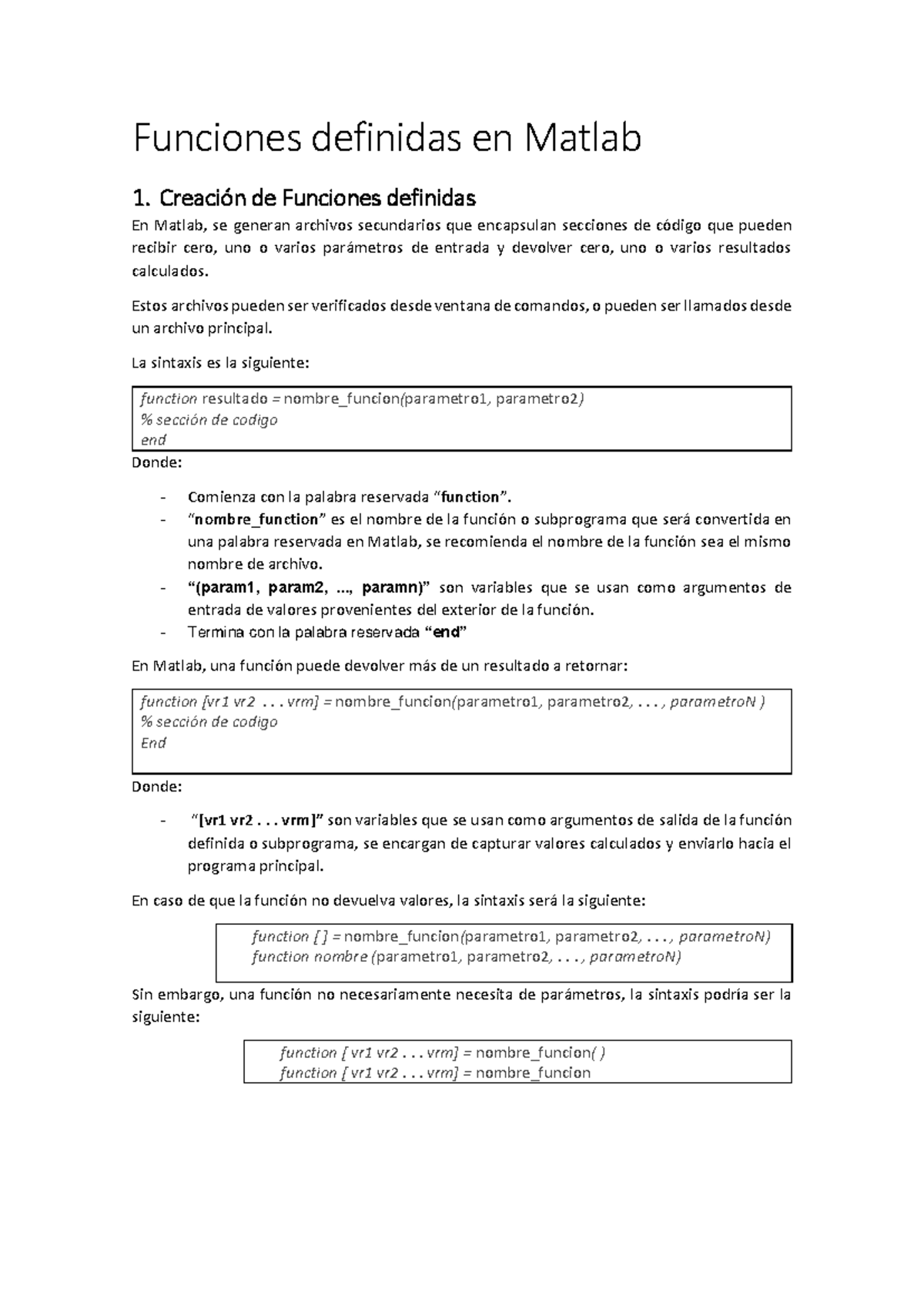 funciones en matlab - práctica en clases y problemas adicionales - ESIC ...