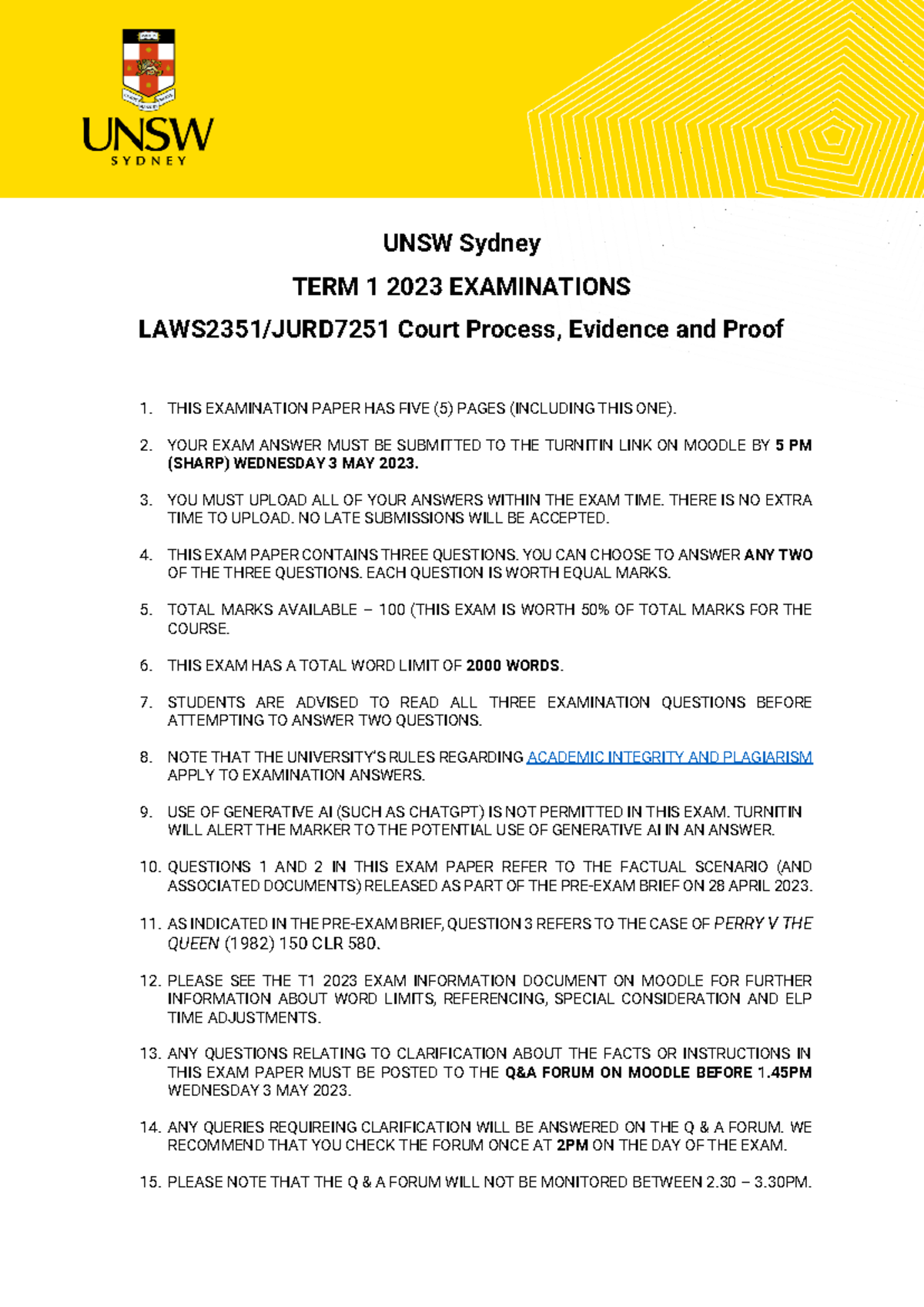 Revision Exam Question Paper - UNSW Sydney TERM 1 2023 EXAMINATIONS LAWS2351/JURD7251 Court ...