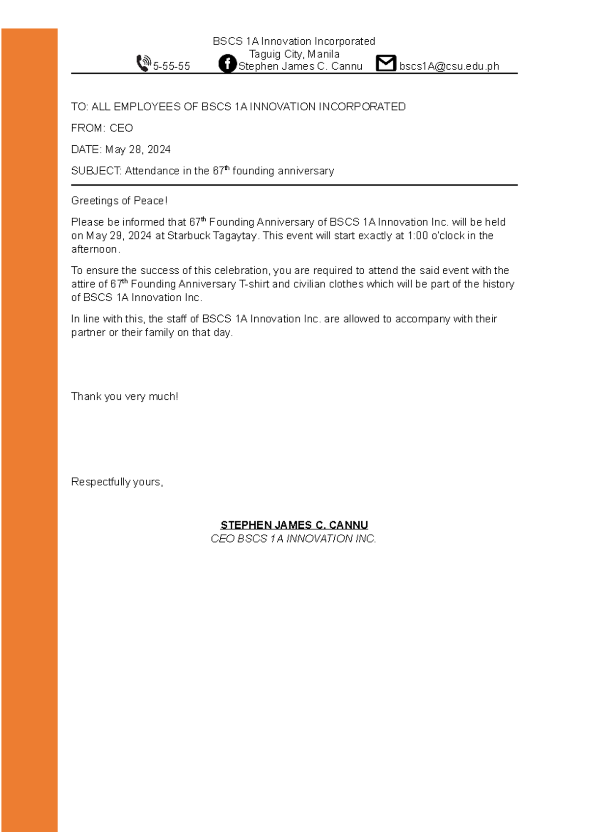 Wahahahaha - Business letter as CEO wherein they must attend the ...