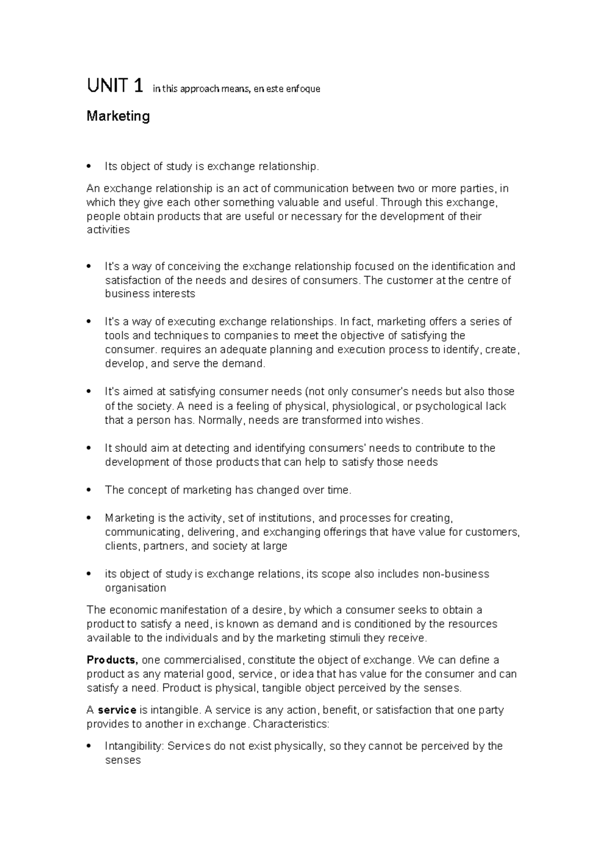 Unit 1 - Marketing - UNIT 1 in this approach means, en este enfoque ...