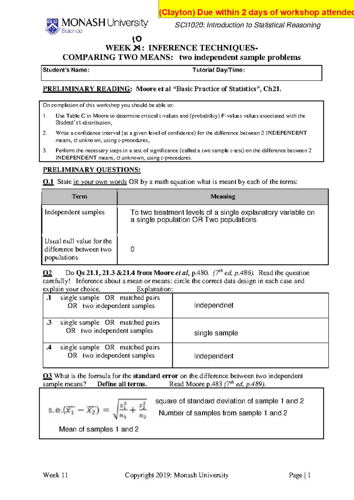 WEEK 10 - week 10 workshop - SCI1020: Introduction to Statistical Reasoning Week 11 Copyright ...