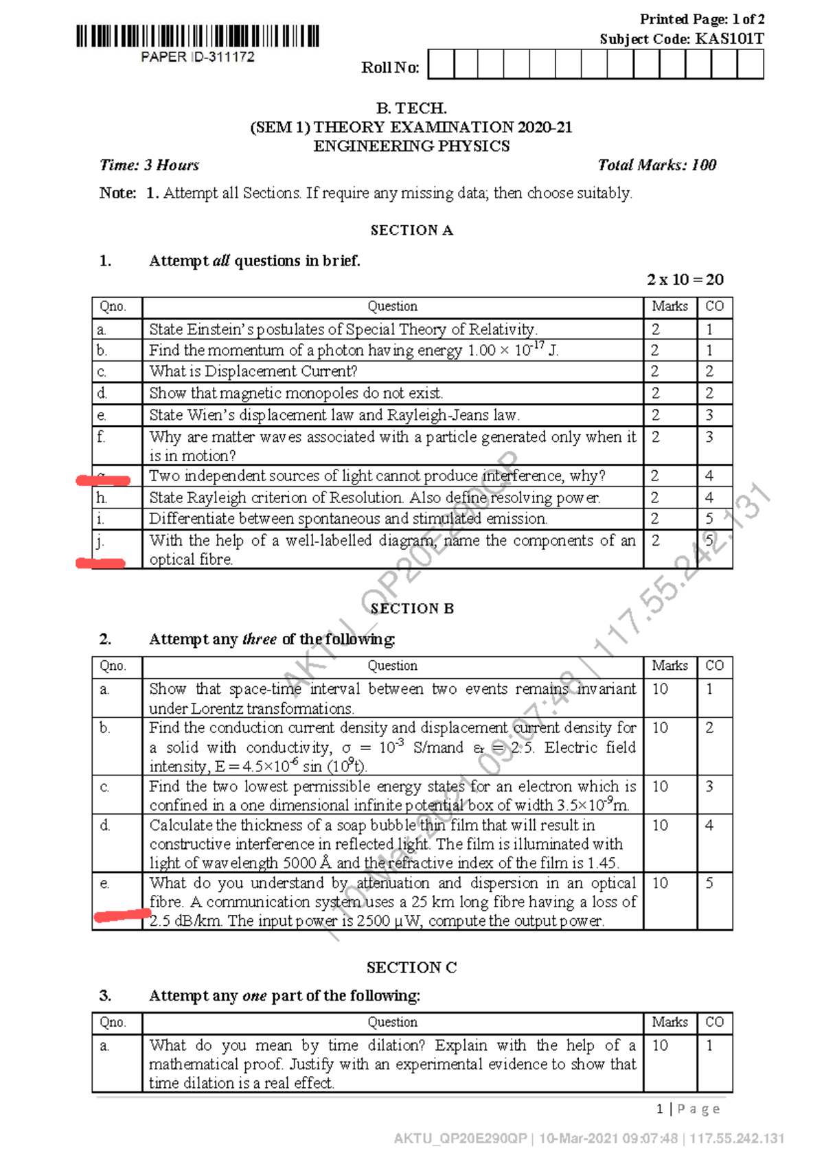 Engineering Physics unit4 questions marked - AKTU_QP20E290QP | 10-Mar-2021 09:07:48 | 117.55 ...