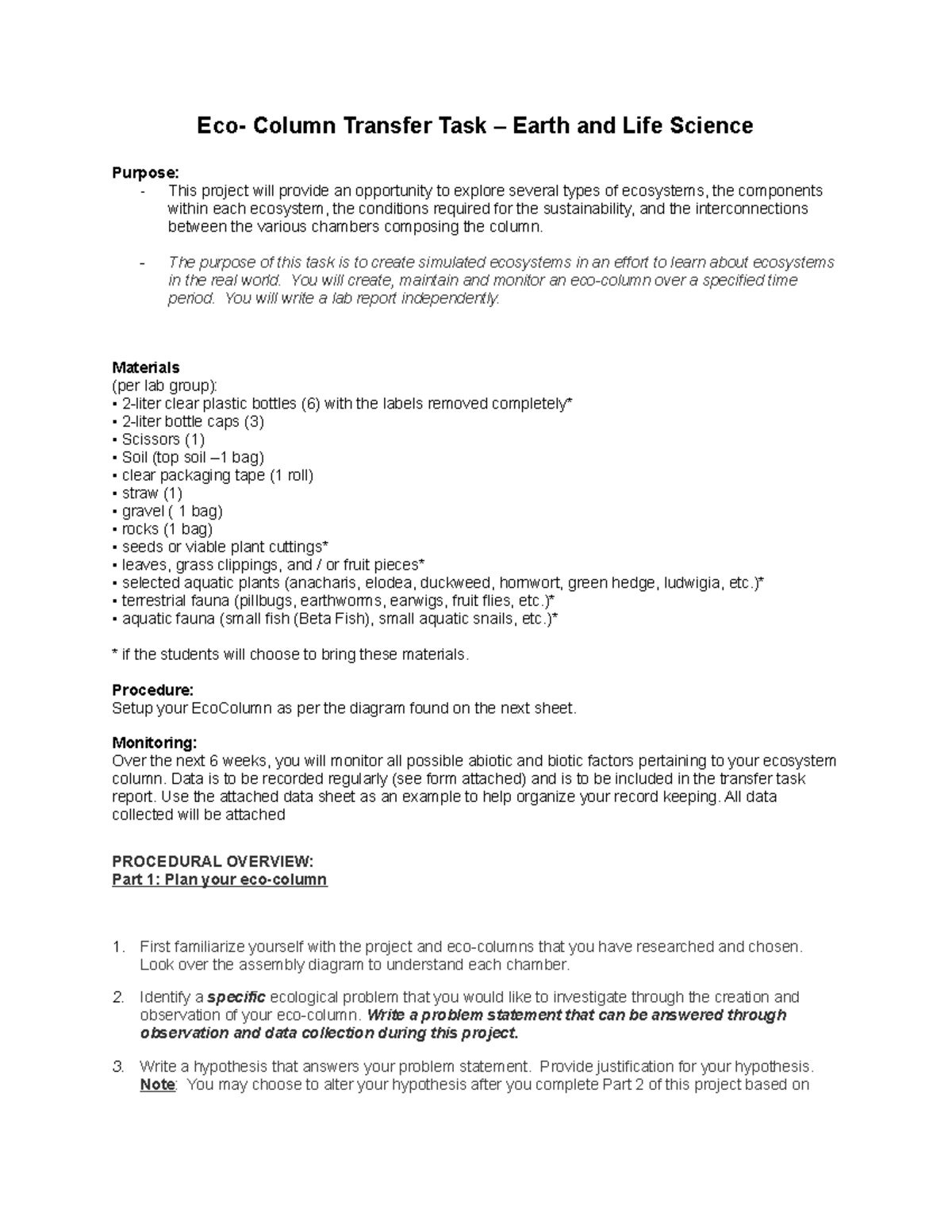 Earth and Life Science 2Q Trans Task - Eco- Column Transfer Task ...