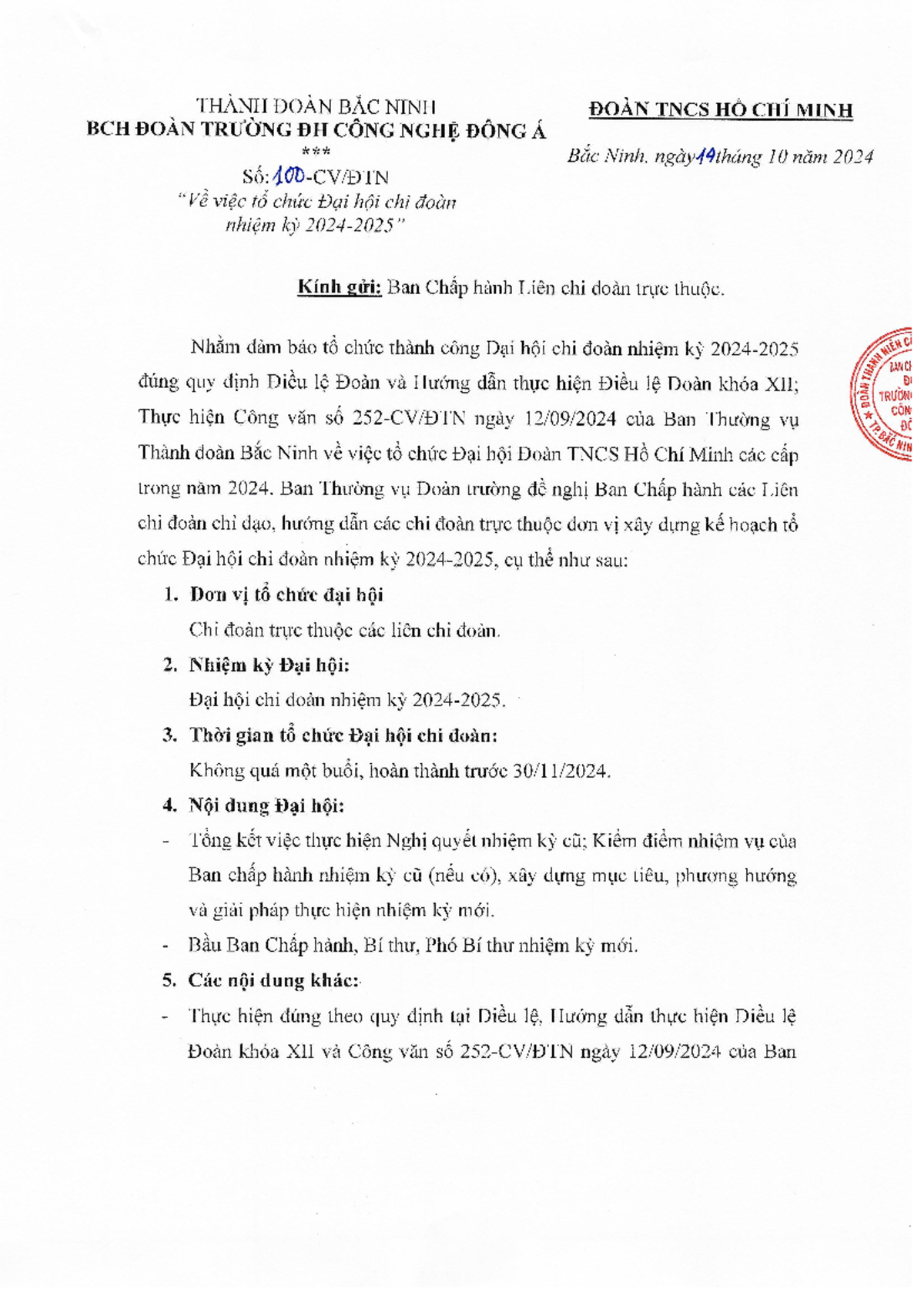 100-2024 CV - rfgtd - THANH DOAN BÃC NINH DOAN TNCS HO CHI MINH BCH DOAN TRUONG DH CONG NGHE ...