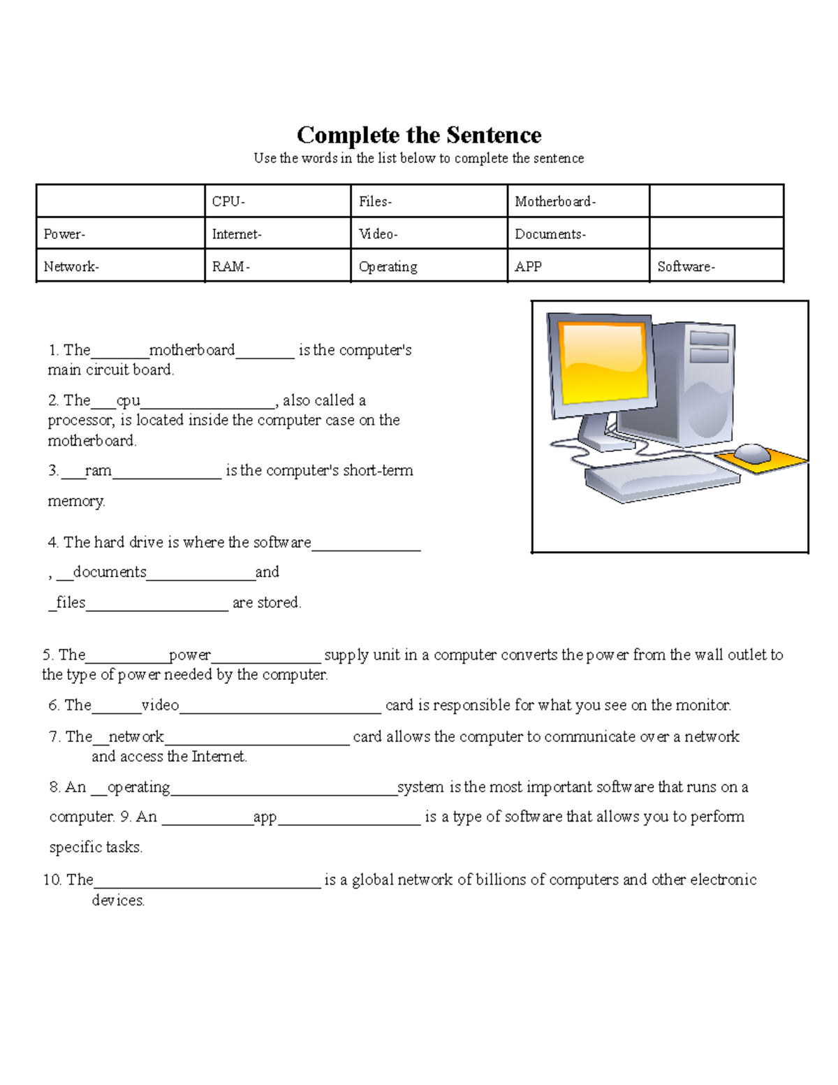 Copy of Computer Parts - idrk - Complete the Sentence Use the words in ...