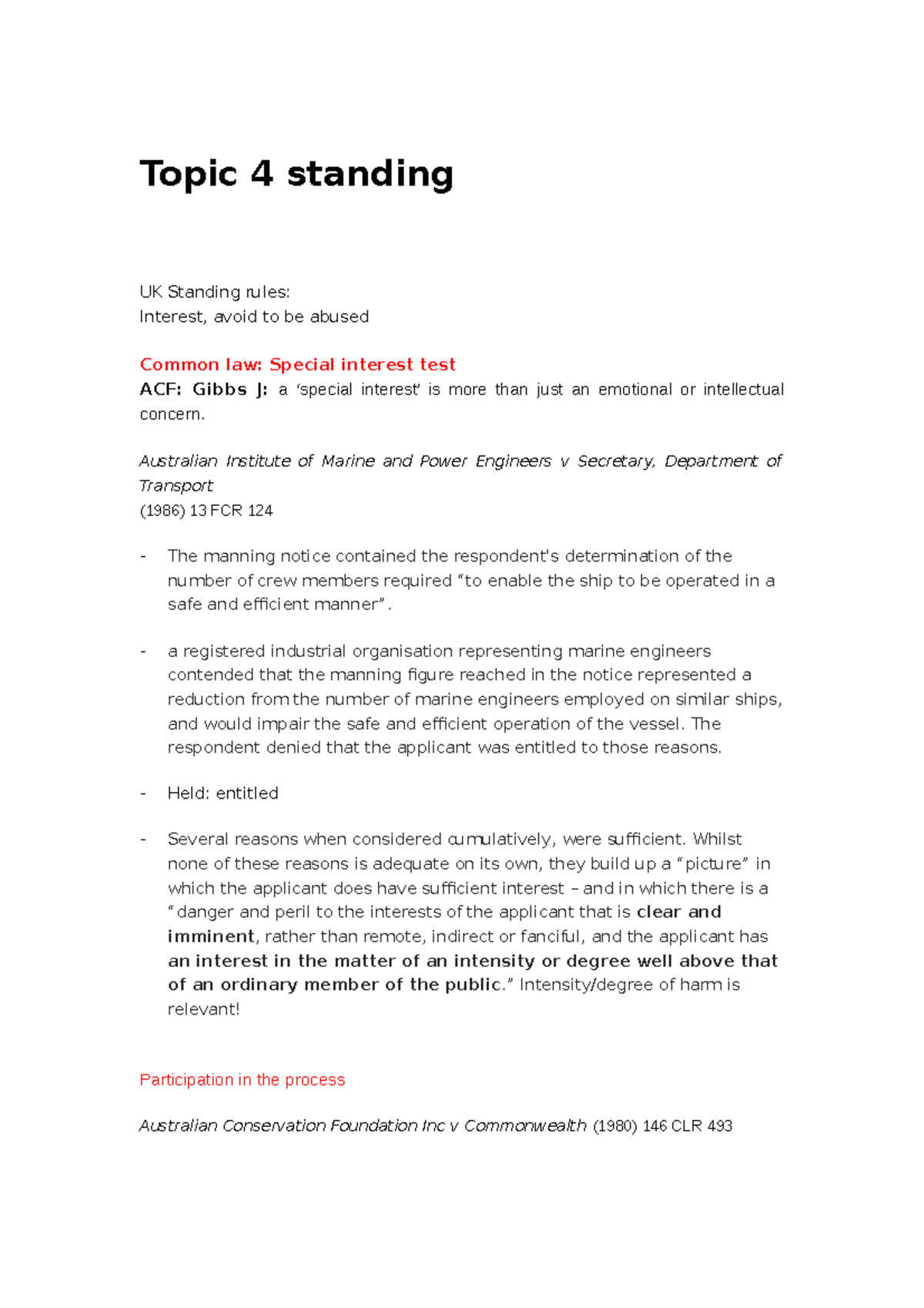 Standing and rule making notes - Topic 4 standing UK Standing rules ...