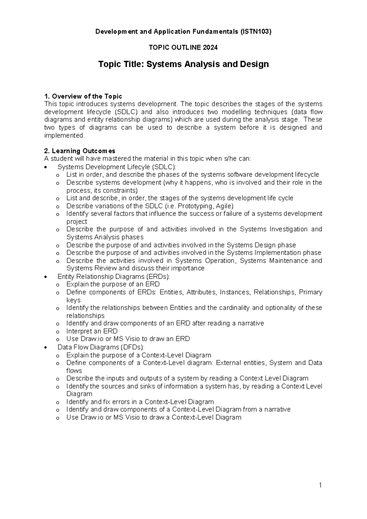 ISTN103 SAD Topic outline 2024 - 1 Development and Application Fundamentals (ISTN103) TOPIC ...