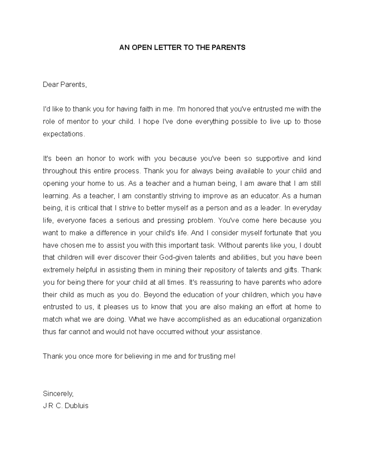 AN OPEN Letter TO THE Parents - AN OPEN LETTER TO THE PARENTS Dear ...