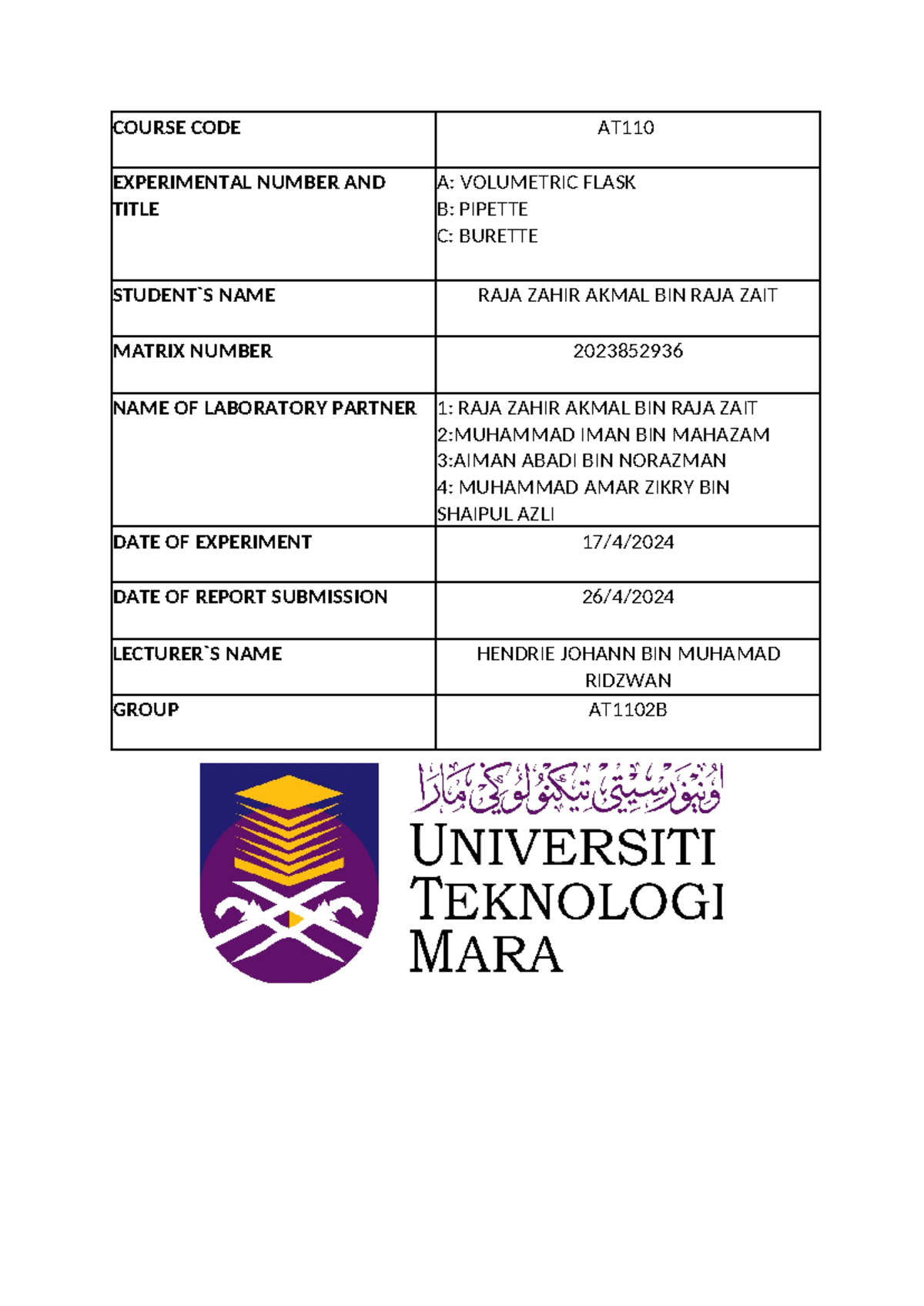 Course CODE - good - COURSE CODE AT EXPERIMENTAL NUMBER AND TITLE A: VOLUMETRIC FLASK B: PIPETTE ...