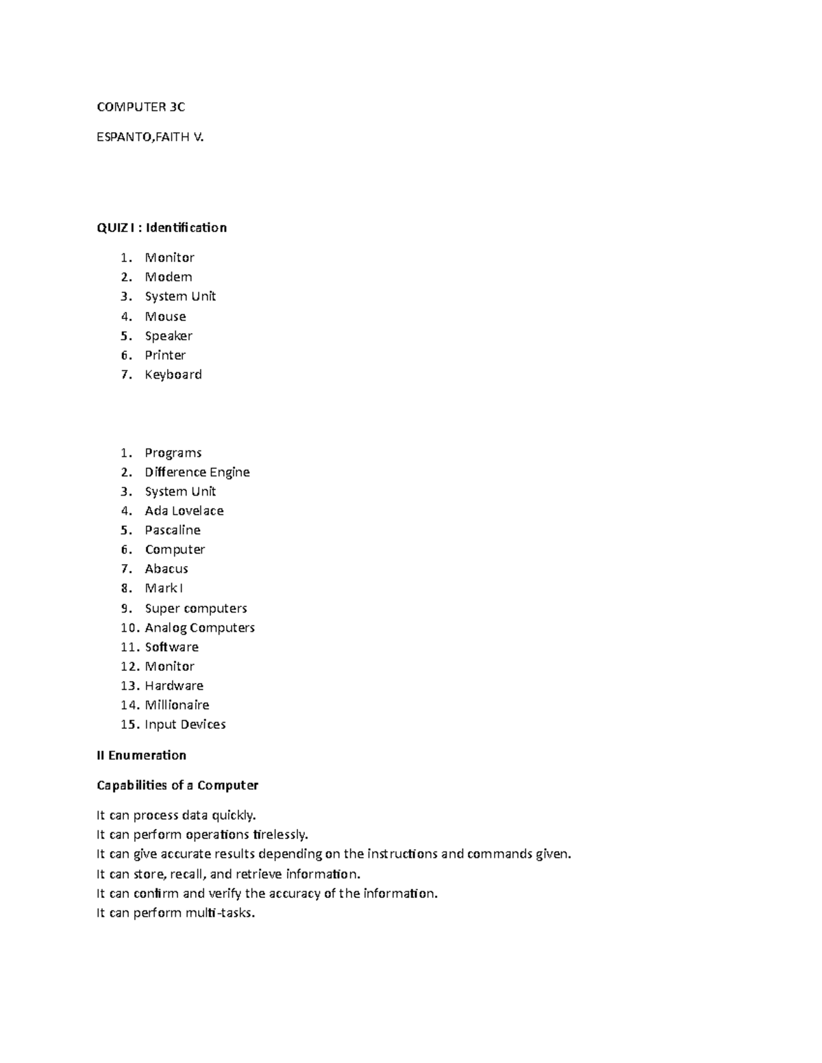 Answer computer - OKAY - COMPUTER 3C ESPANTO,FAITH V. QUIZ I ...