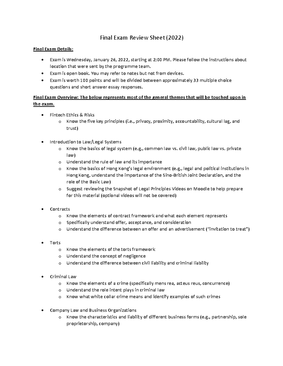 MAcct Final Exam Review - Final Exam Review Sheet (2022) Final Exam Details: Exam is Wednesday ...