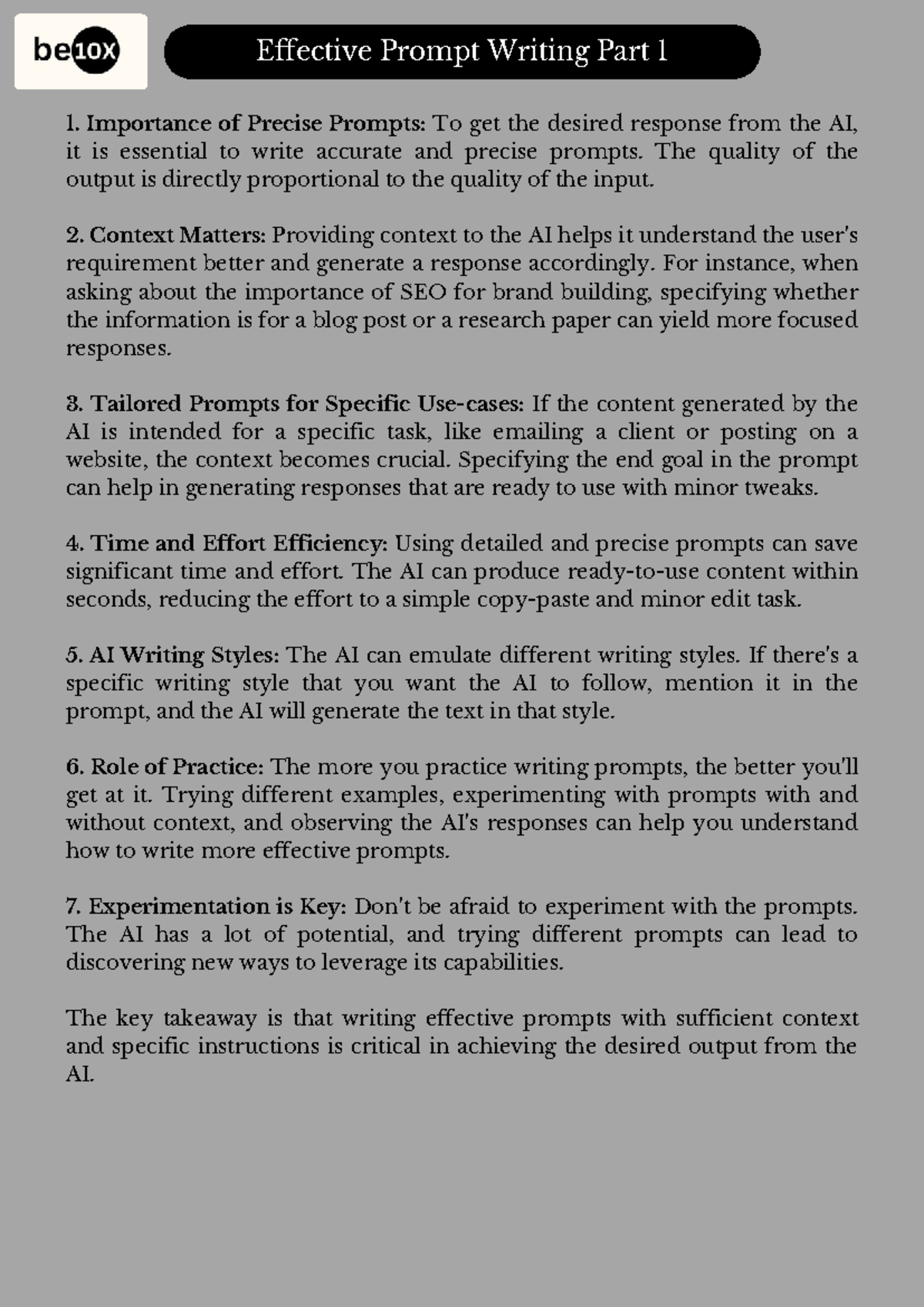 Effective Prompt Writing Part 1 - 1. Importance of Precise Prompts: To ...