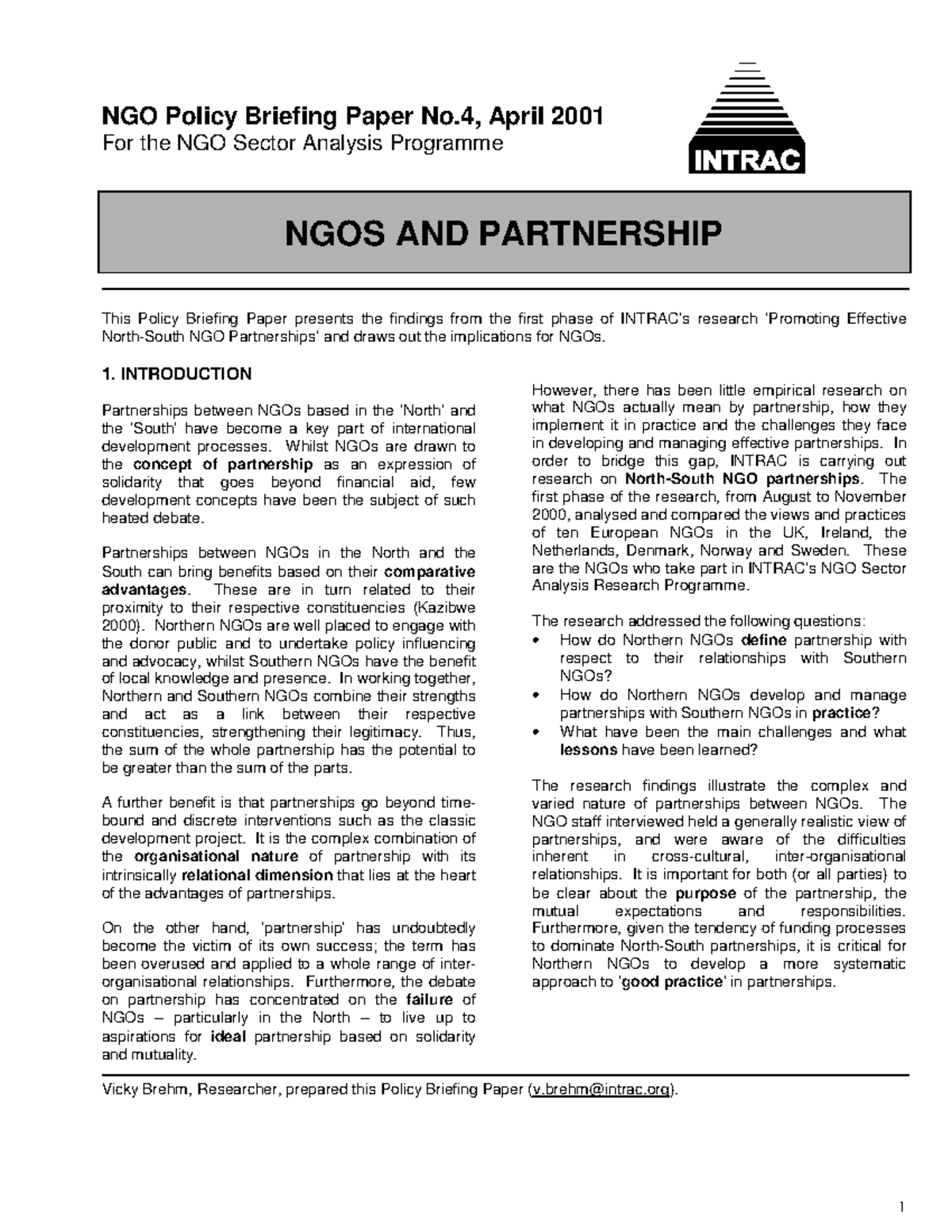 Intrac policy paper on NGO partnership - NGO Policy Briefing Paper No ...