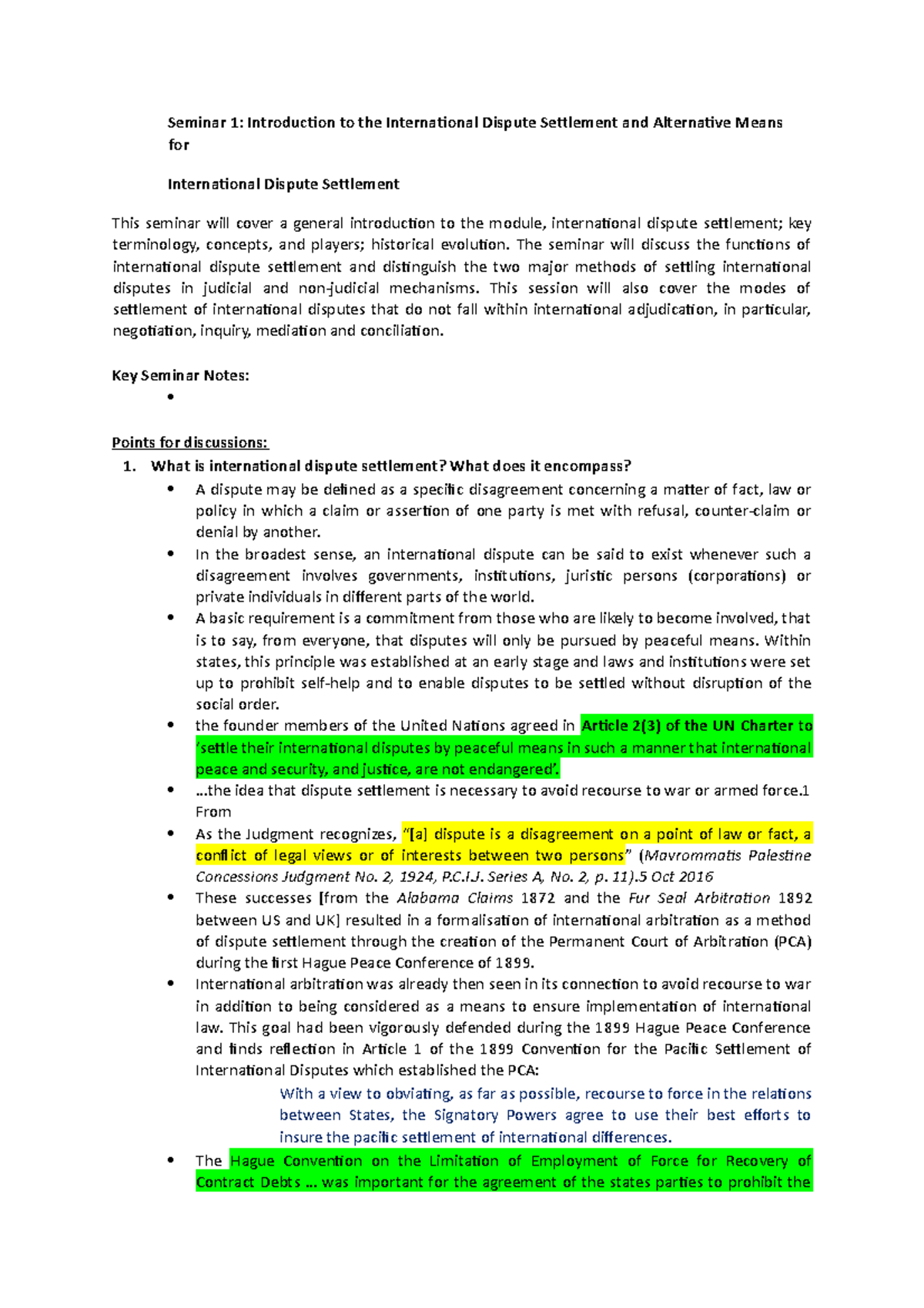 Seminar 1 Introduction to the International Dispute Settlement and ...