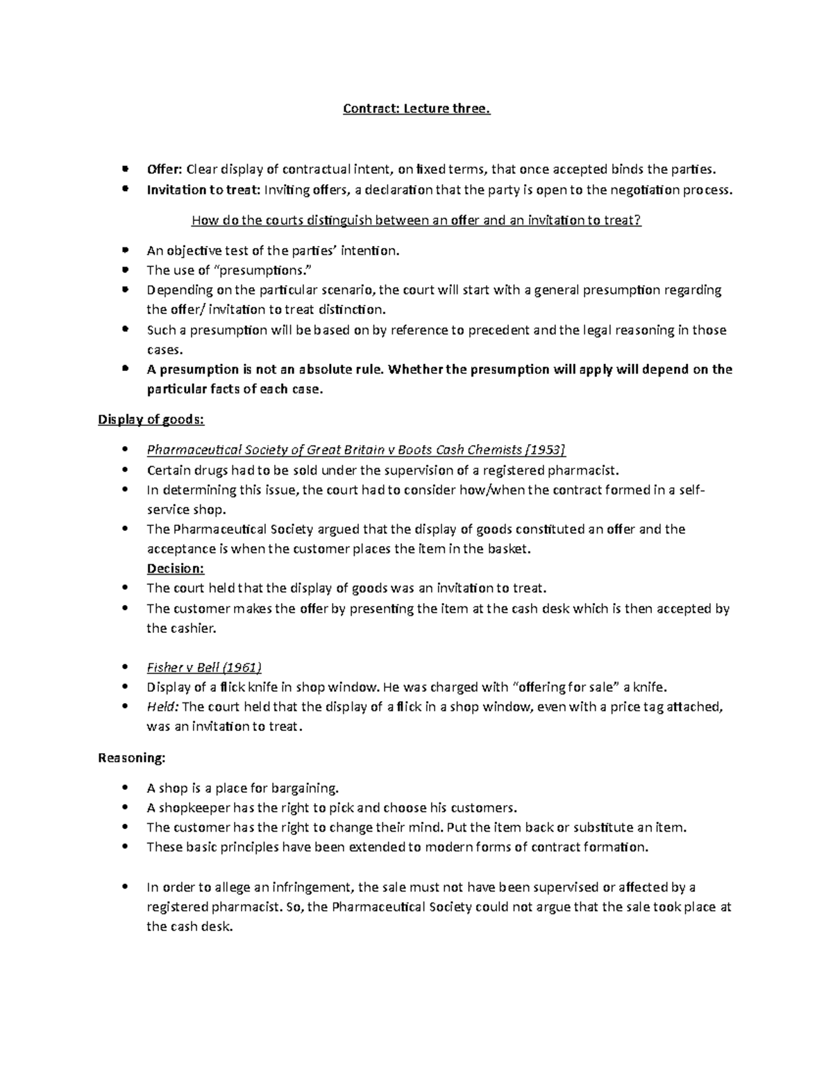 Lecture 3 - the offer pt1 - Contract: Lecture three. Offer: Clear display of contractual intent ...