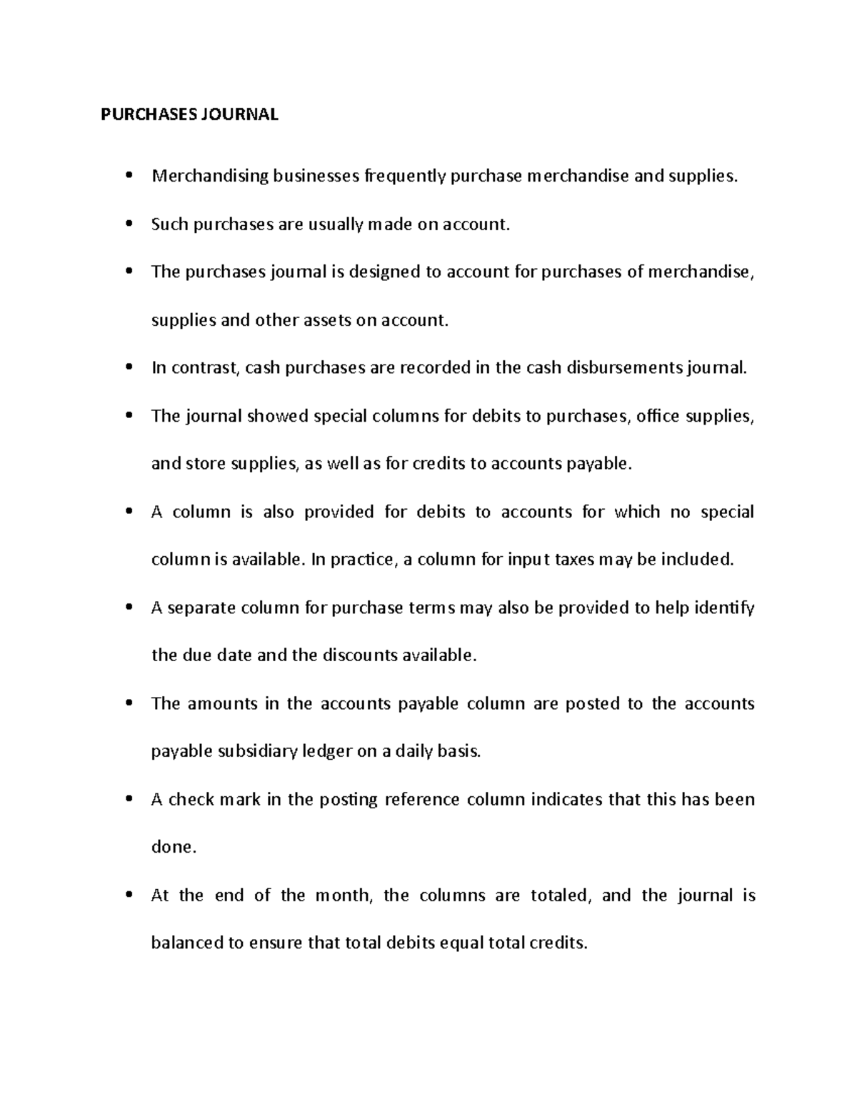 Purchases Journal - PURCHASES JOURNAL Merchandising businesses ...