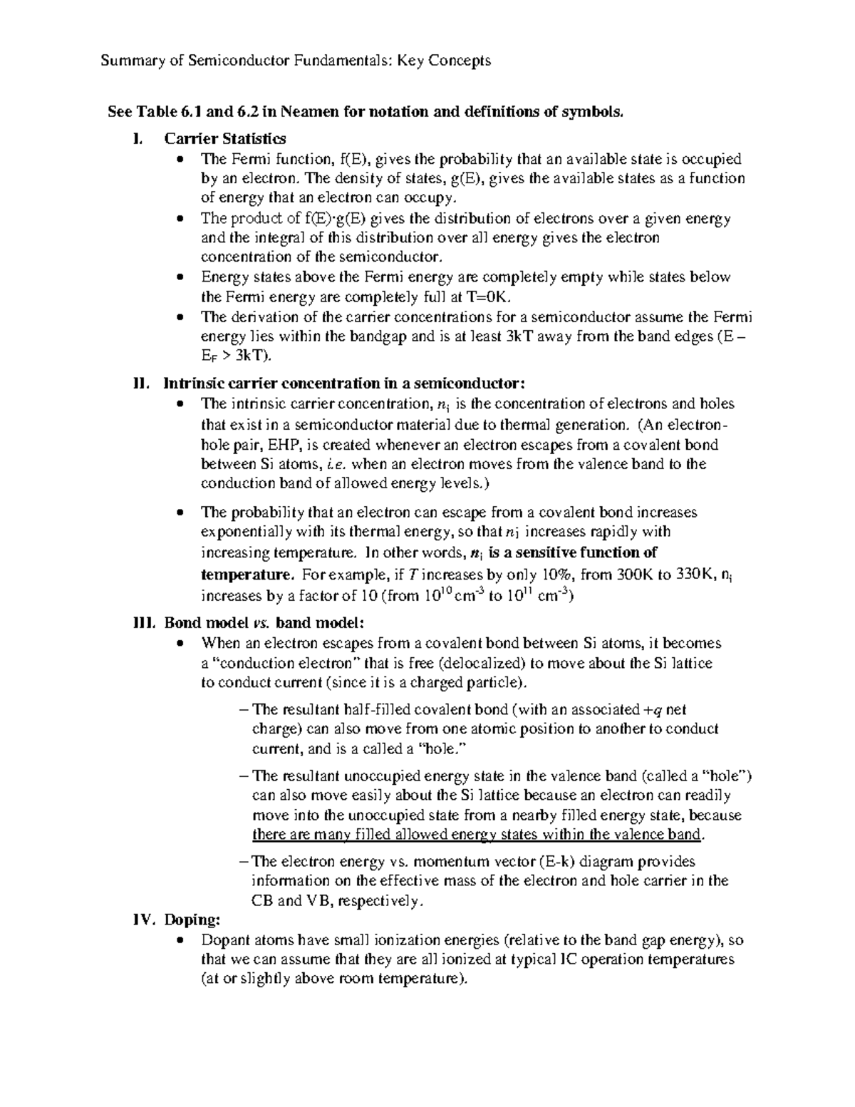 Semiconductor Physics Summary Sheet - See Table 6 and 6 in Neamen for notation and definitions ...