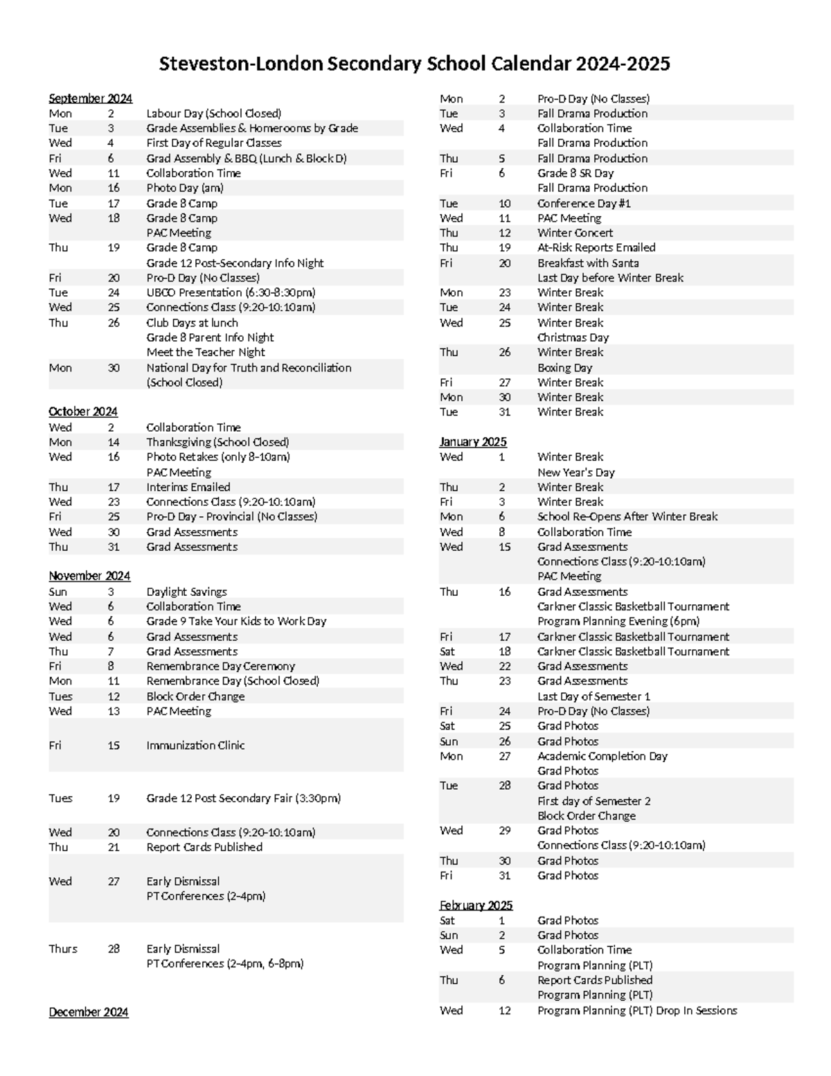 School Calendar - Simplified (2024-2025) 0 - Steveston-London Secondary ...