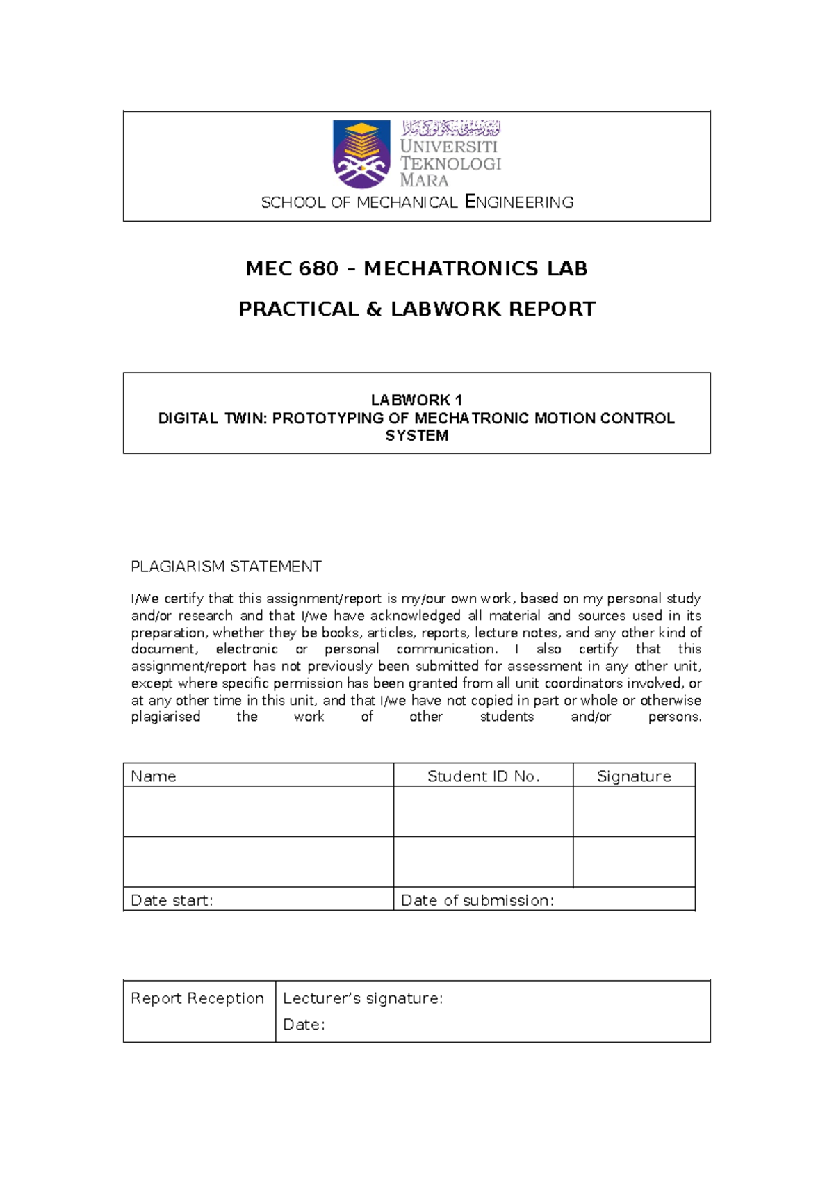 MEC 680 Lab Report Report Guideline 2023 - Lab - SCHOOL OF MECHANICAL ...