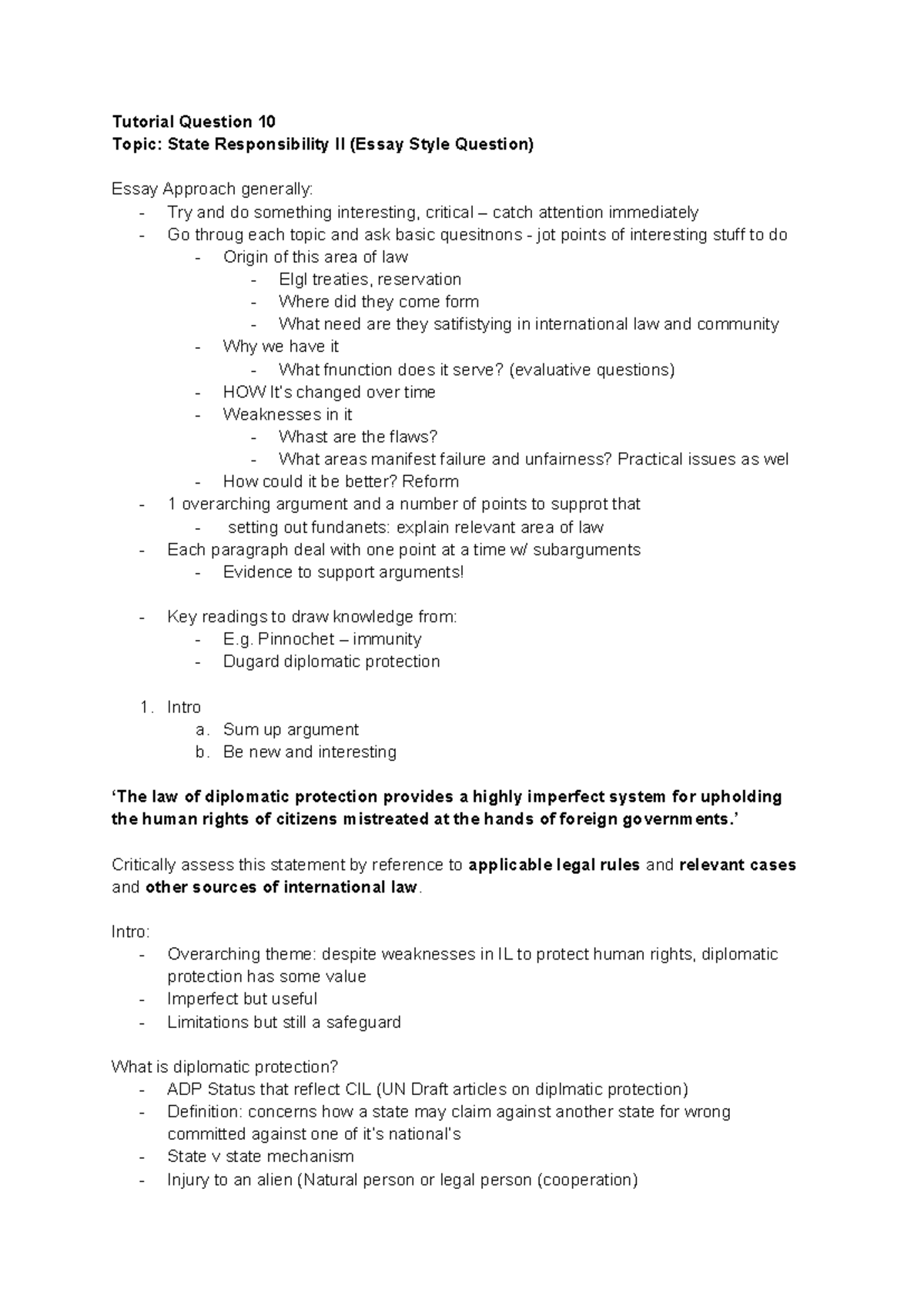 LAWS1023 - Topic 11 - State Responsibility II - Tutorial Question 10 Topic: State Responsibility ...